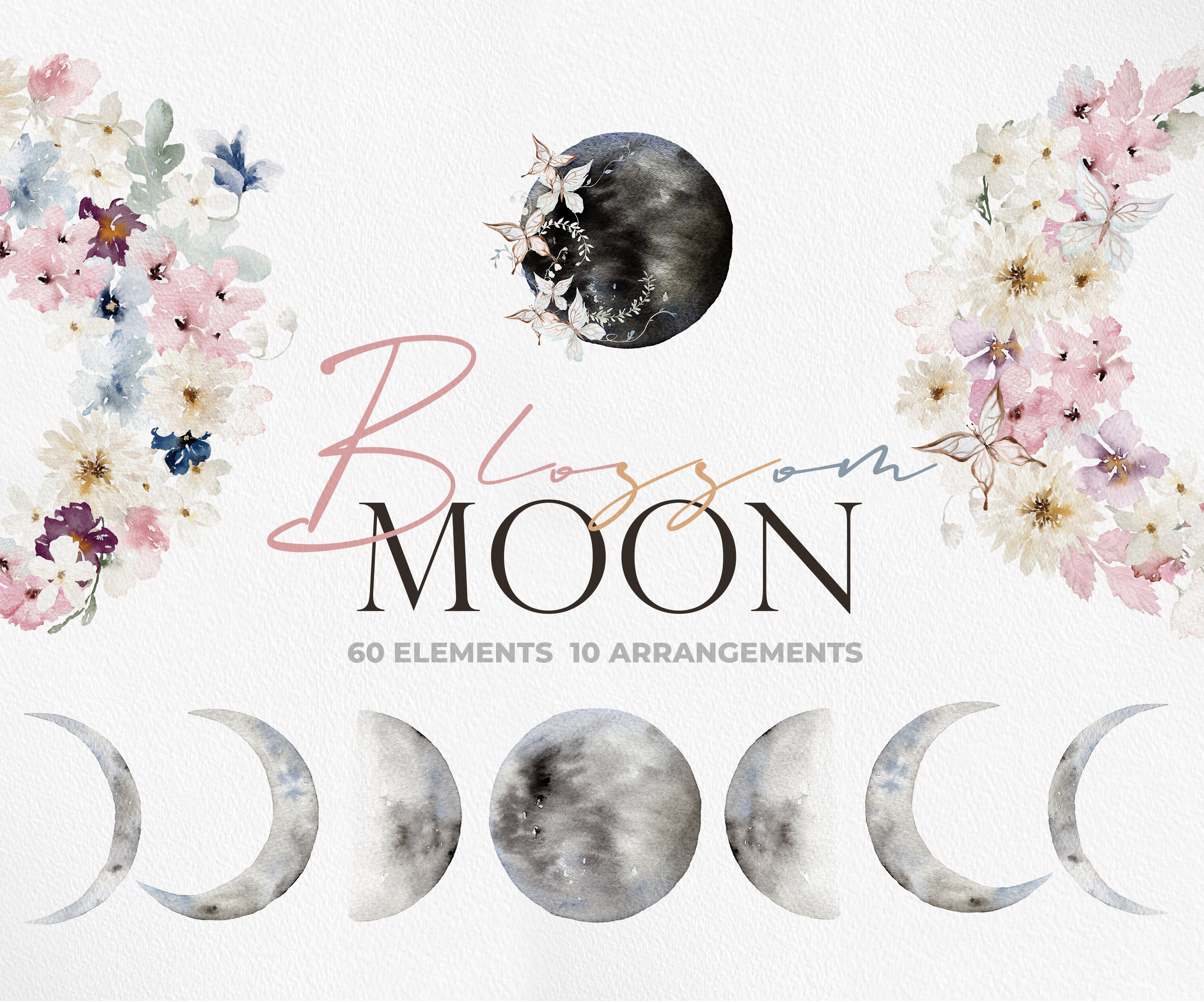 Blossom Moon Watercolor Flower Watercolor Moon Moon Flower - Etsy