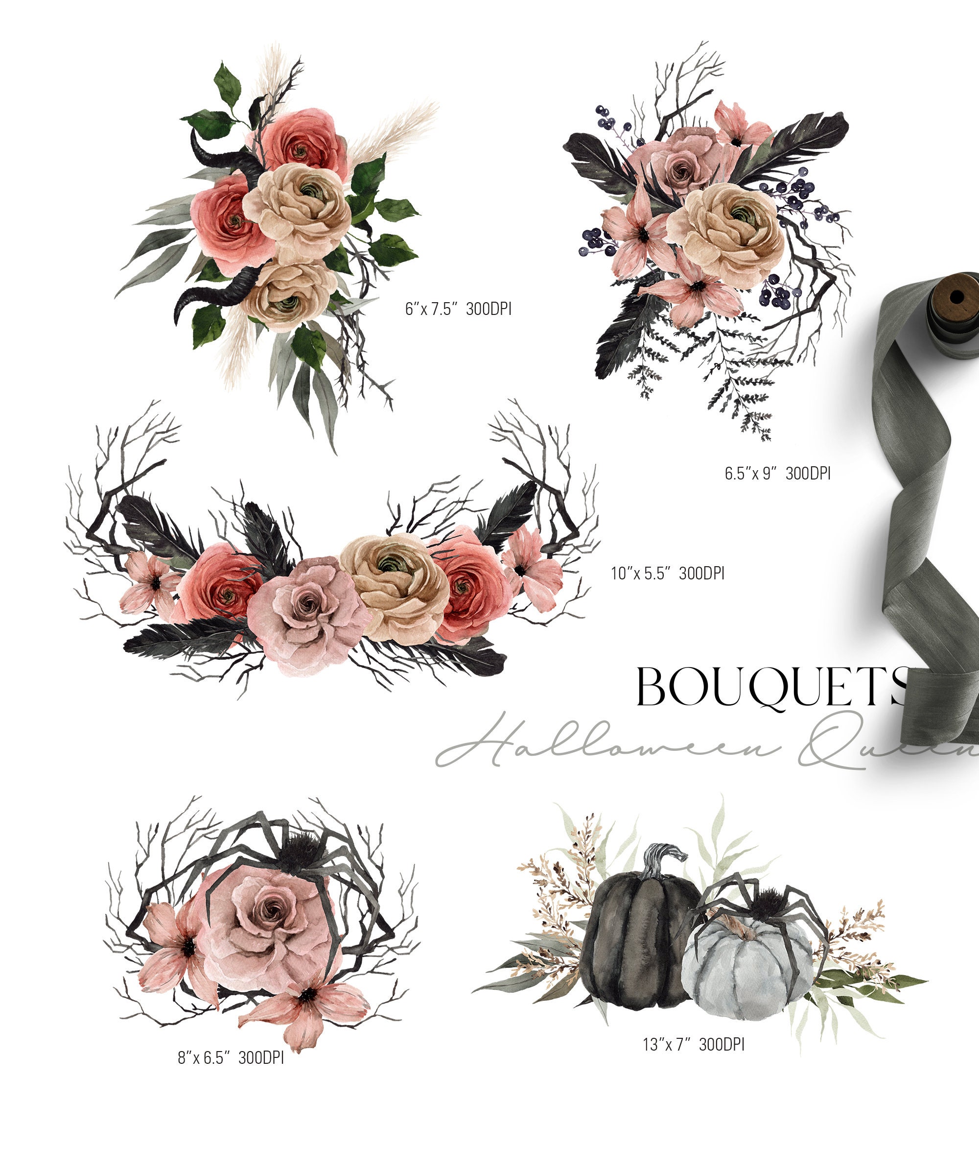 Halloween Queen Watercolor Flowers Halloween Clipart - Etsy