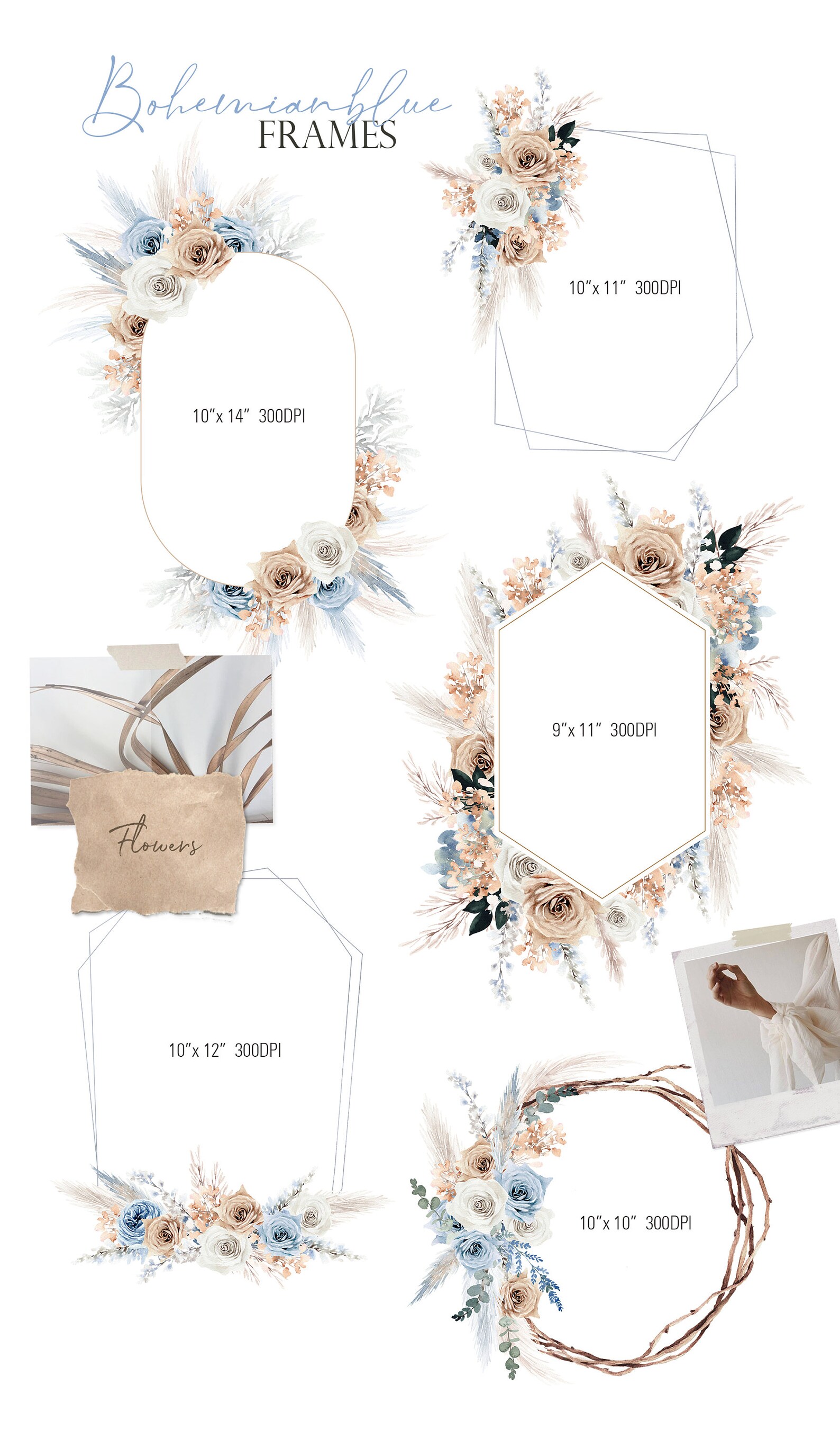 Watercolor Flower, Boho Flower, Boho Blue Clipart, Dusty Blue Flower ...