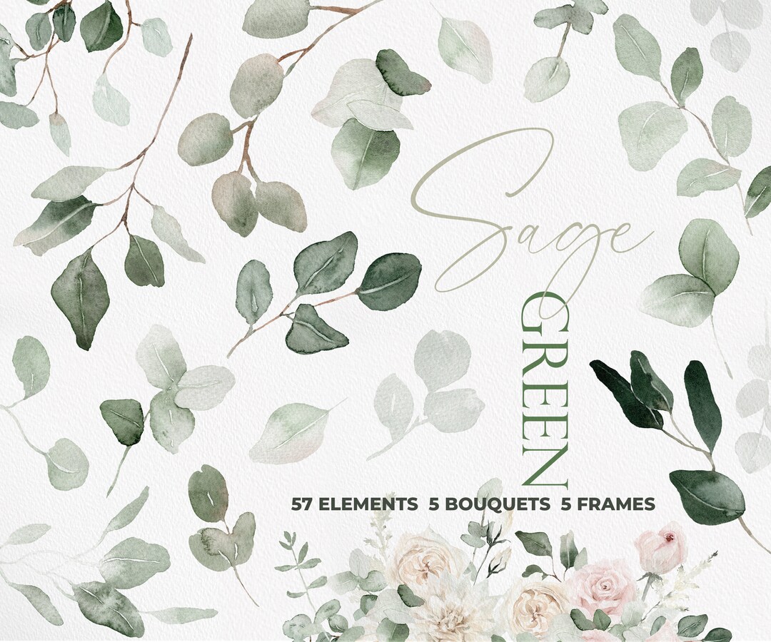 Sage Green Flower, Watercolor Botanical Art, Watercolor Leaf, Wedding ...