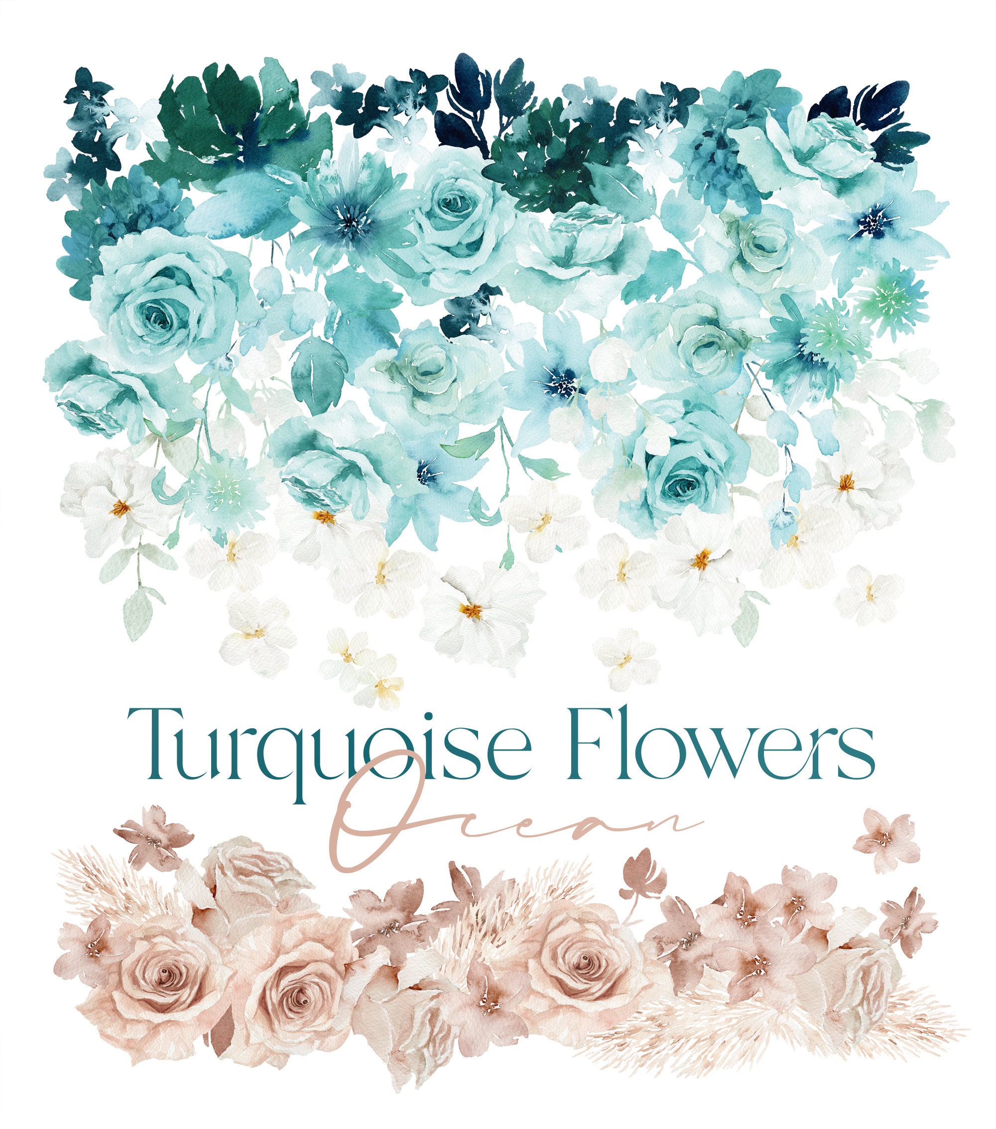 Ocean Turquoise Flower Watercolor Flowers Teal Flower Blue - Etsy