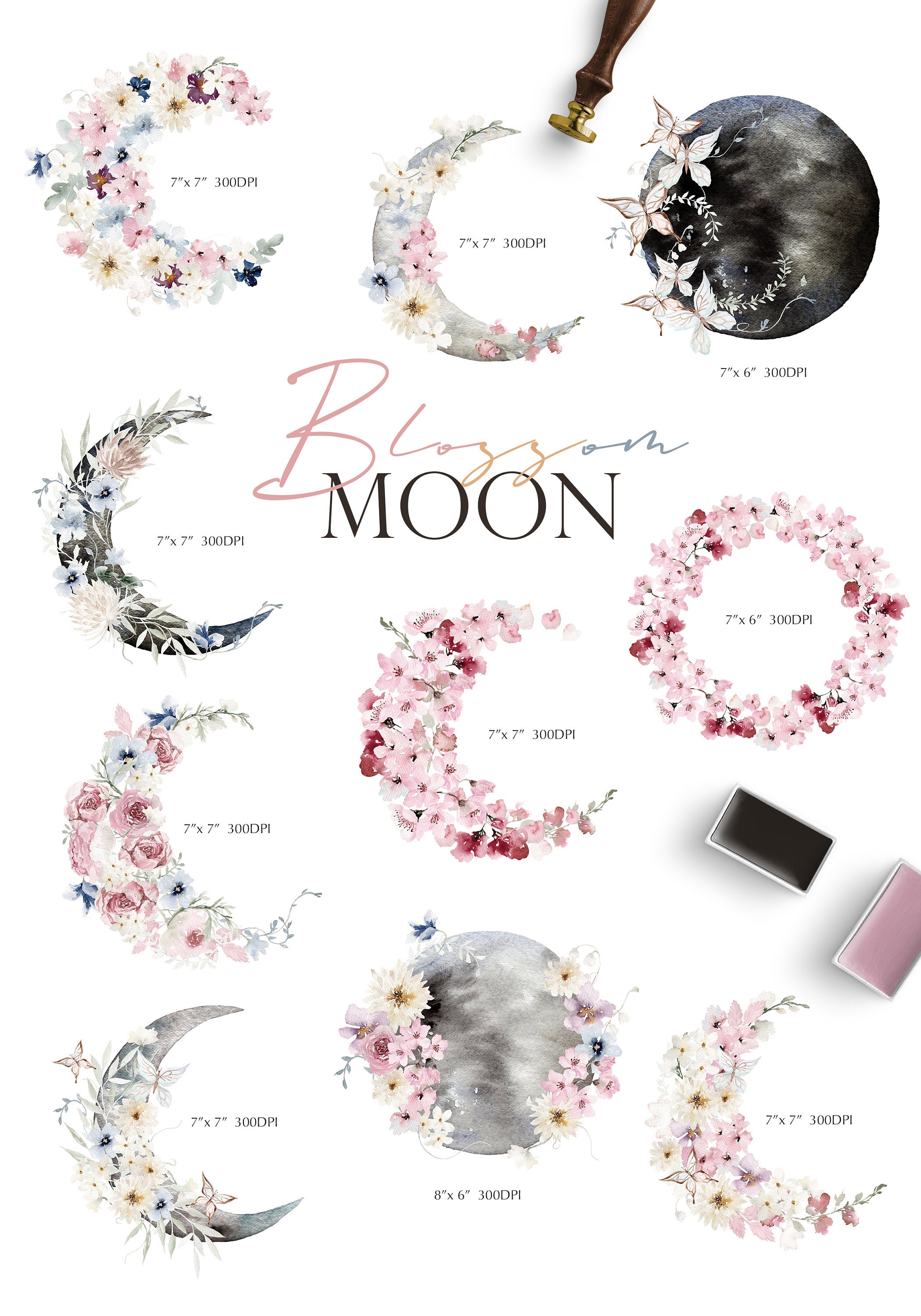Blossom Moon Watercolor Flower Watercolor Moon Moon Flower - Etsy