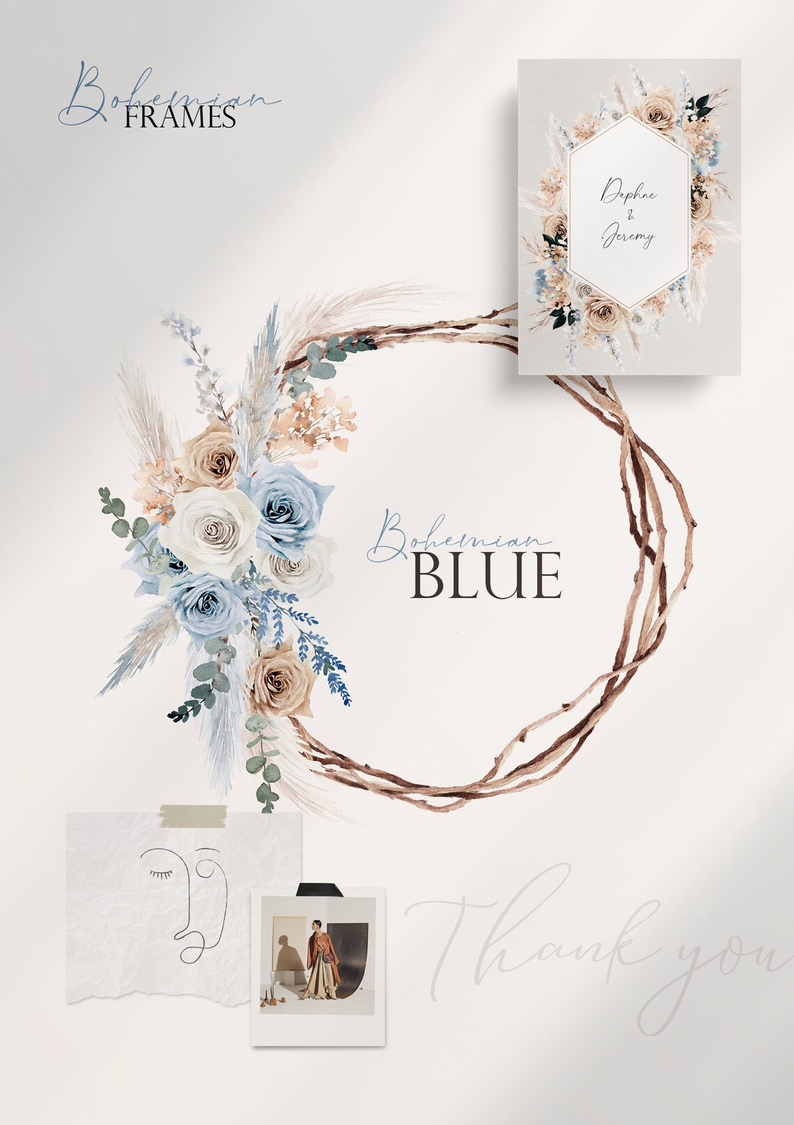 Watercolor Flower, Boho Flower, Boho Blue Clipart, Dusty Blue Flower ...