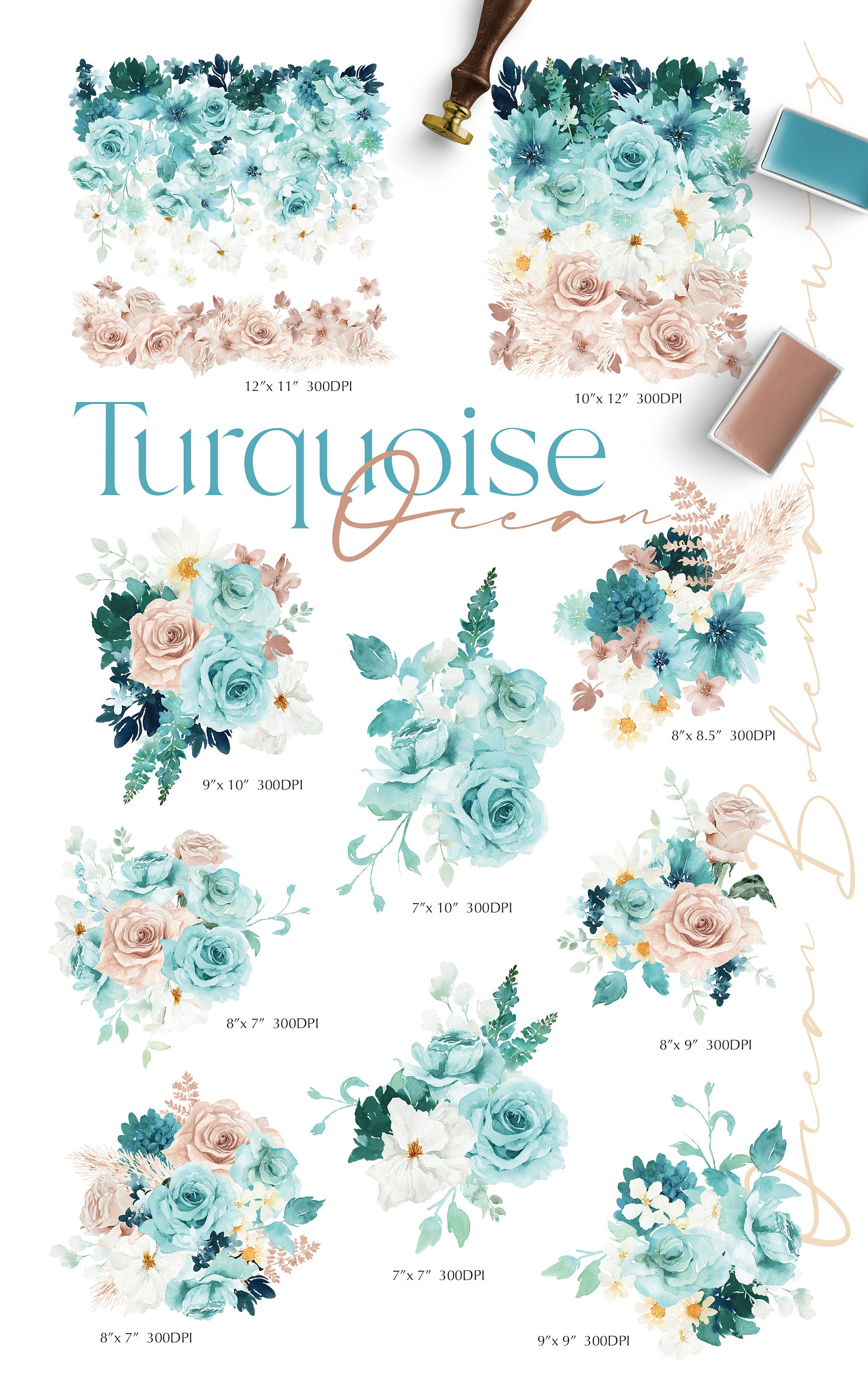 Ocean Turquoise Flower Watercolor Flowers Teal Flower Blue - Etsy