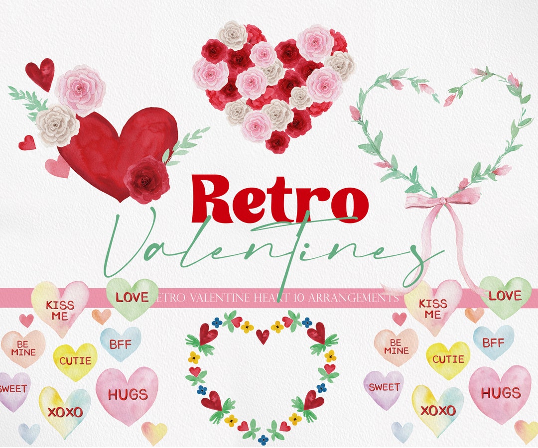 Retro VALENTINE, Watercolor Valentines, Valentines Clipart, Watercolor ...
