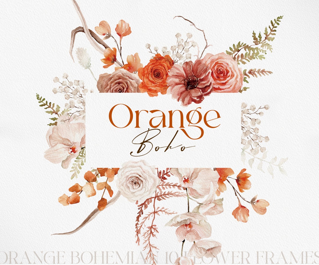 Orange Boho Floral, Watercolor Boho Flower, Boho Flower PNG, Watercolor ...