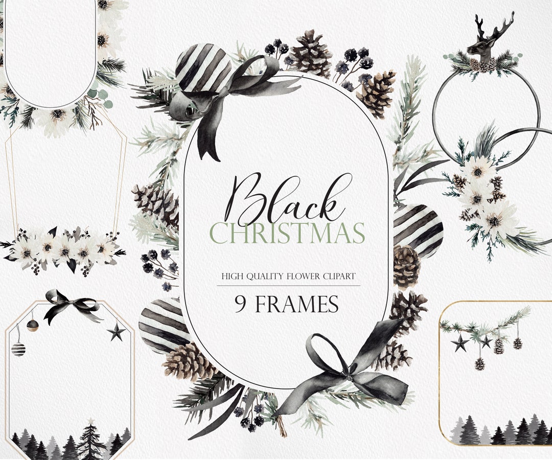 Black Christmas Clipart, Modern Christmas, Black Ornaments, Pinecorn ...