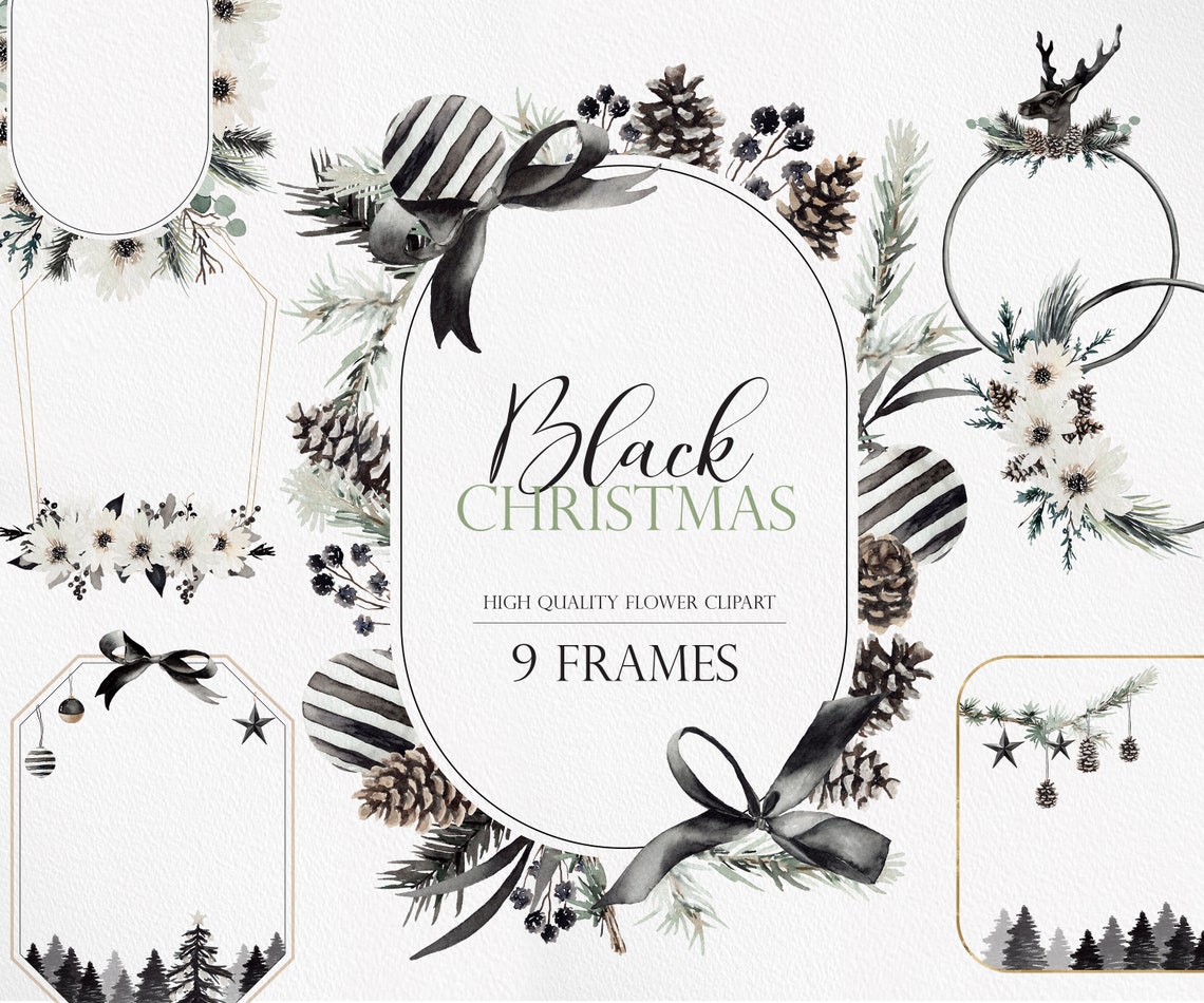 Black Christmas Clipart, Modern Christmas, Black Ornaments, Pinecorn ...
