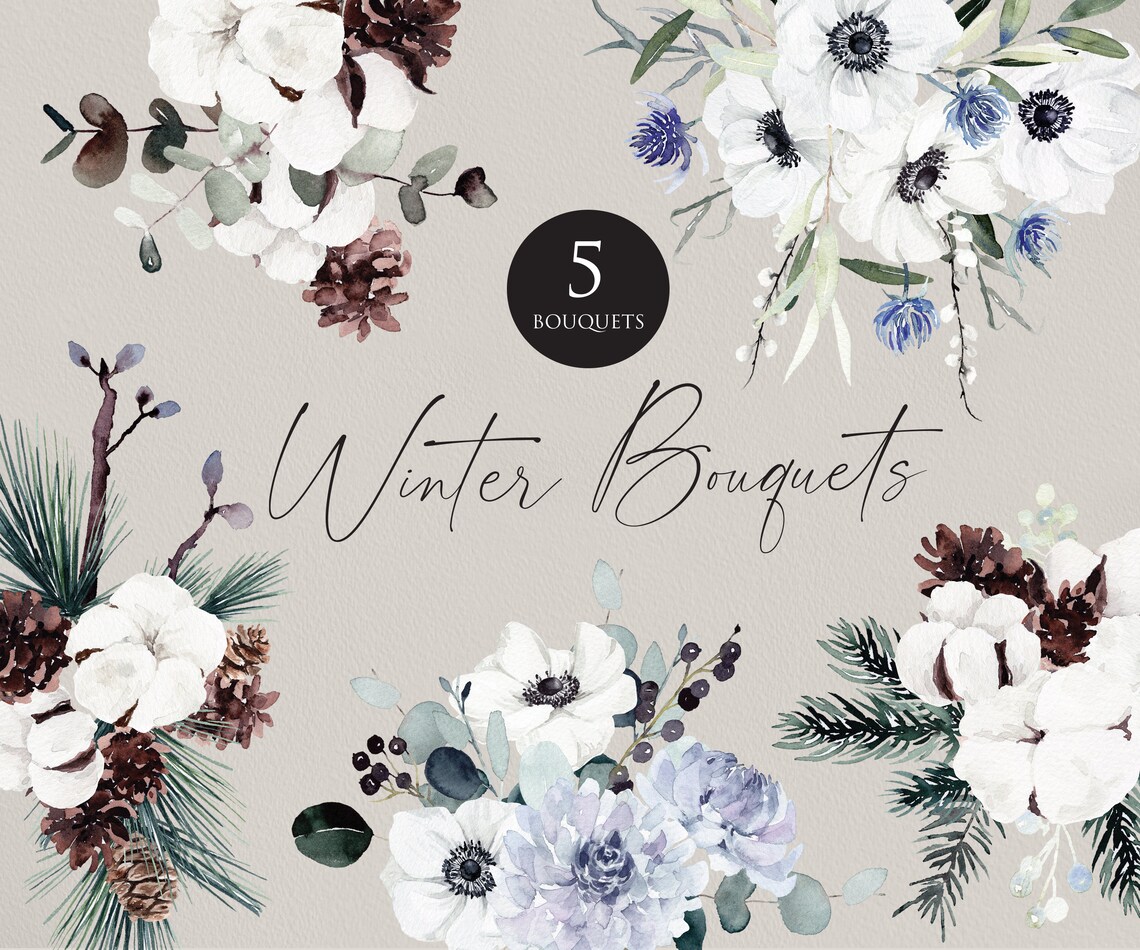 Winter Florals Watercolor Clipart Floral Bouquets Winter - Etsy