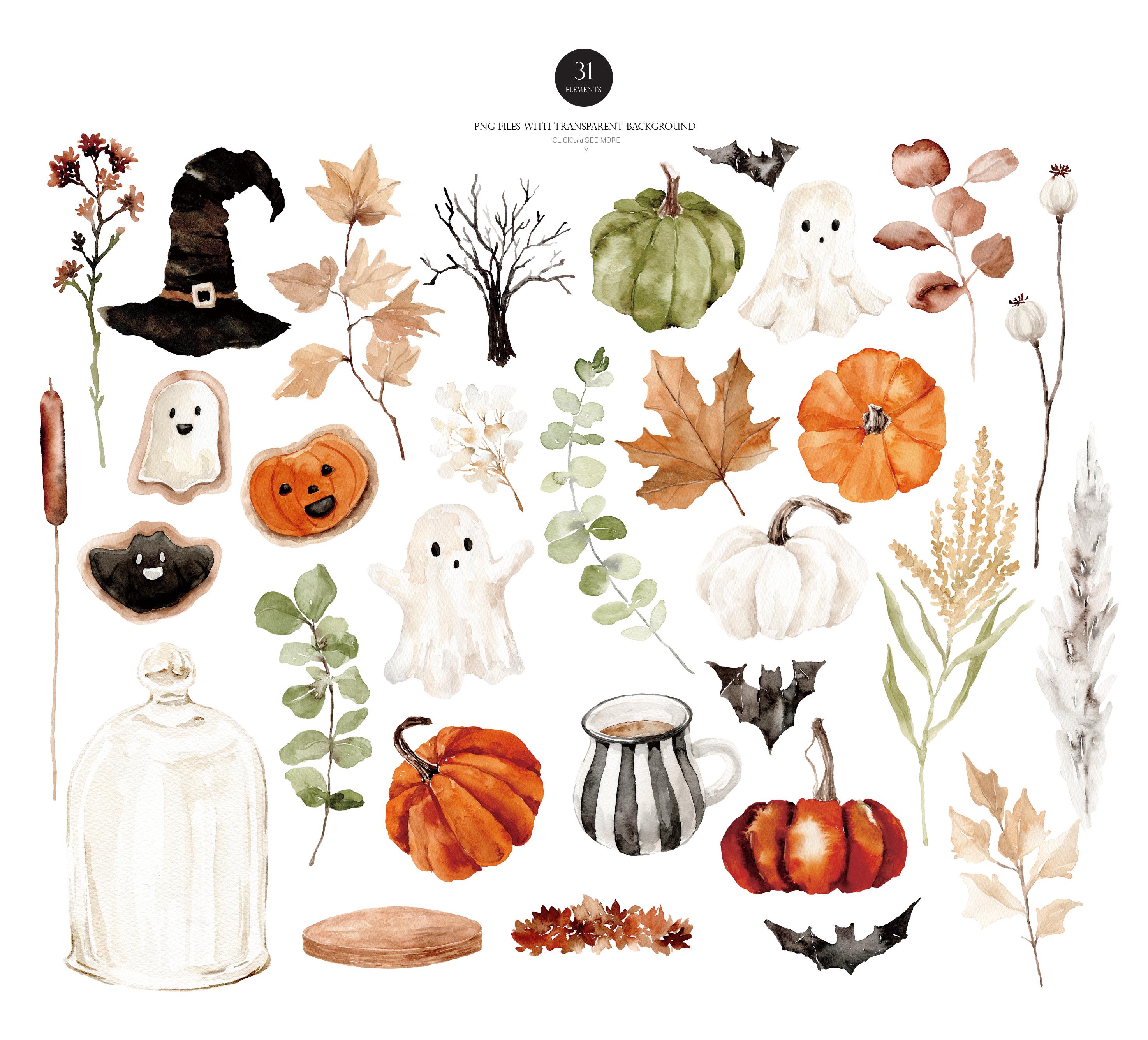 Cozy Halloween, Watercolor Clipart, Watercolor Halloween Clipart ...
