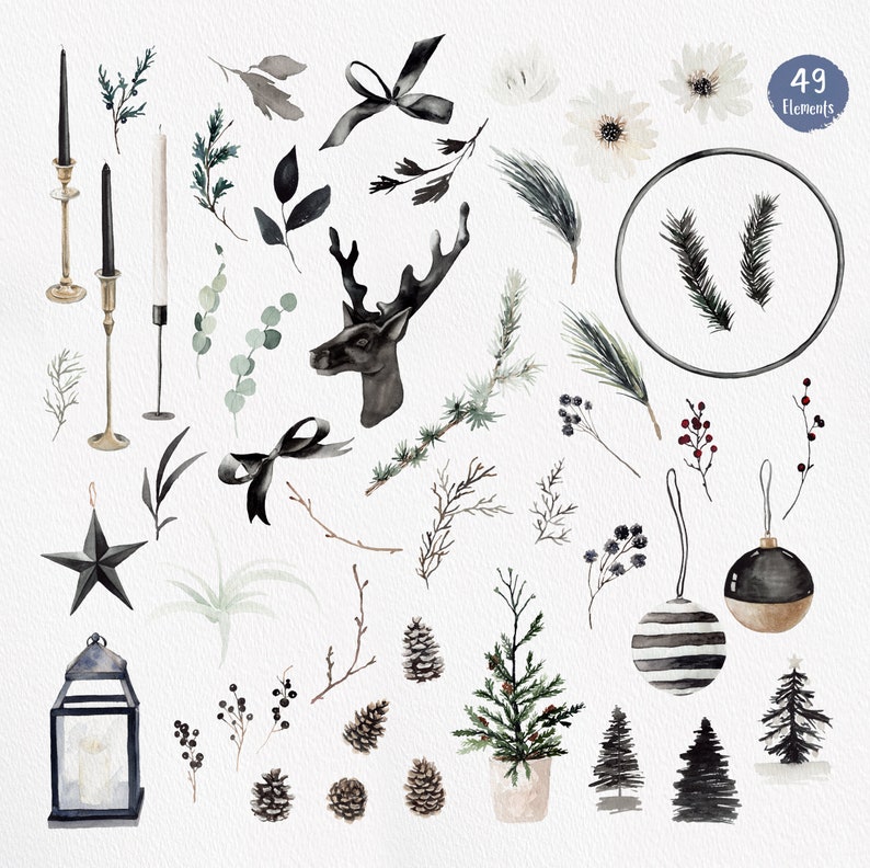 Black Christmas Clipart, Modern Christmas, Black Ornaments, Pinecorn ...