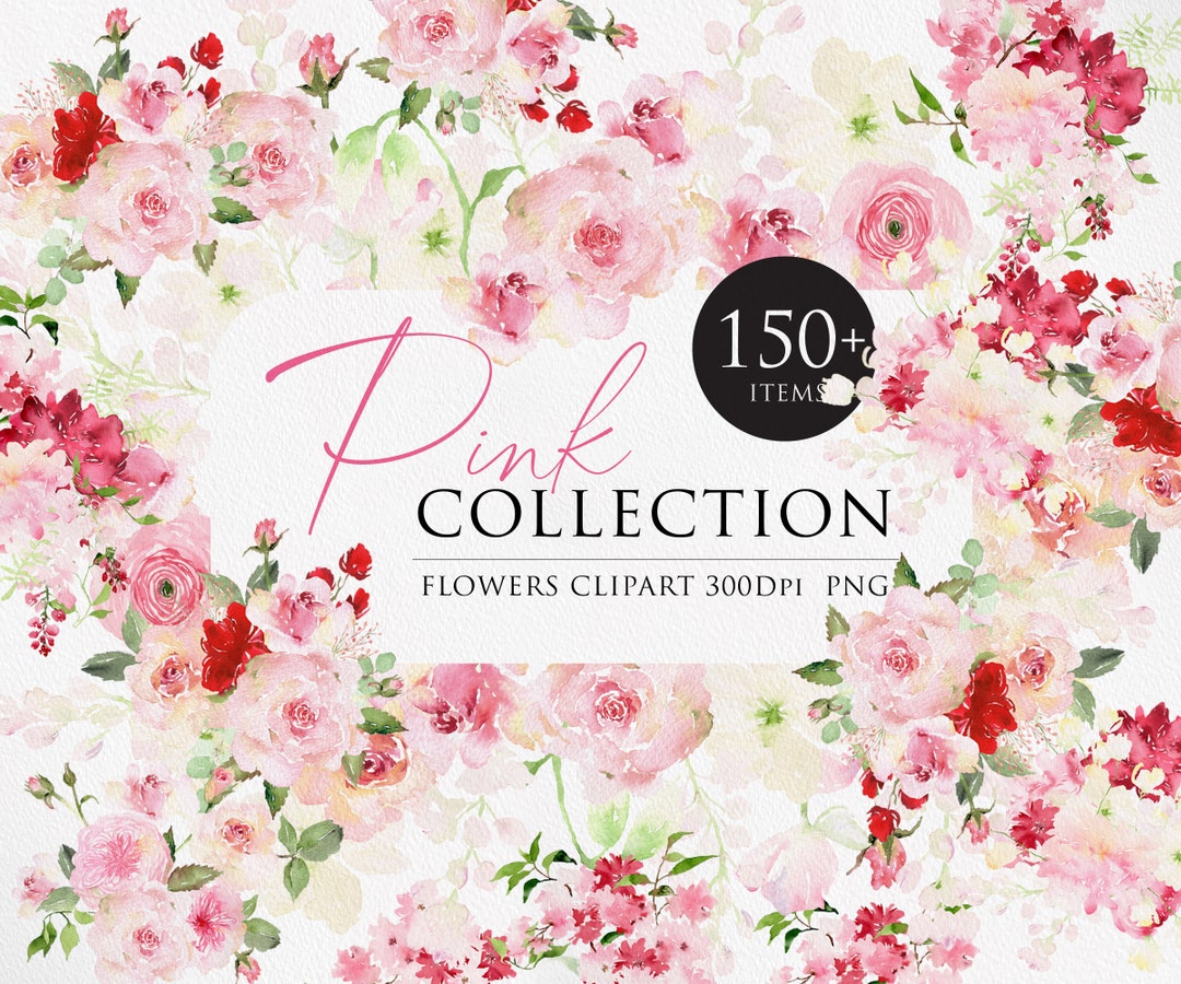 Watercolor Flower Bundle, Watercolor Pink Collection, Roses Wreath ...