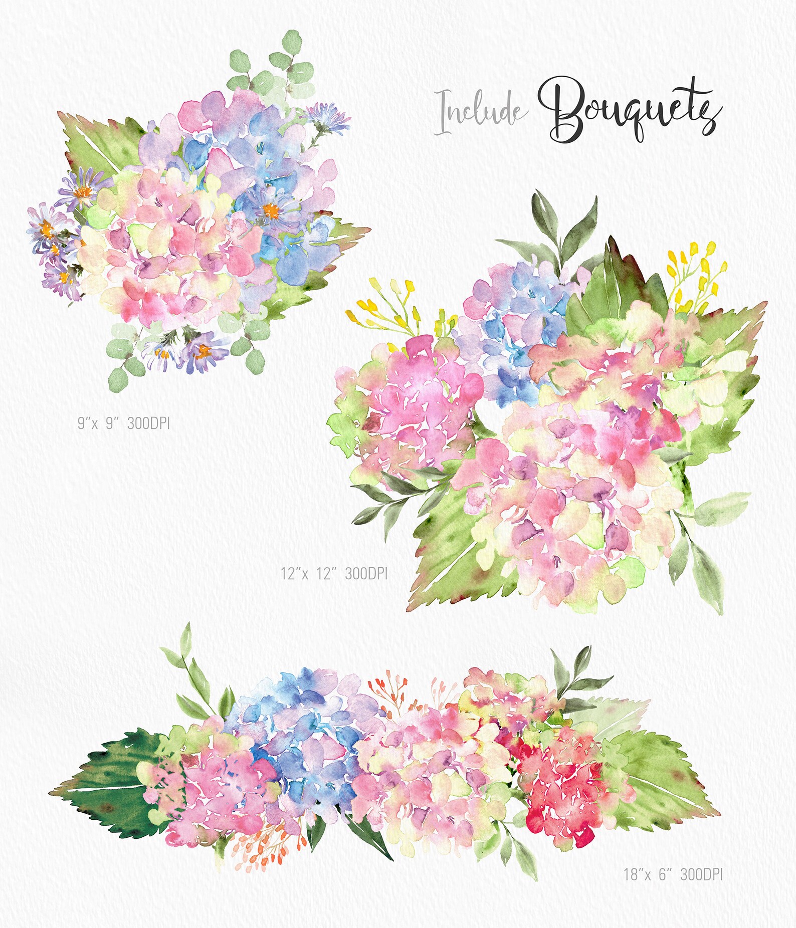 Watercolor Clipart, Hydrangea Bouquet, Floral Arrangements, Wildflower ...
