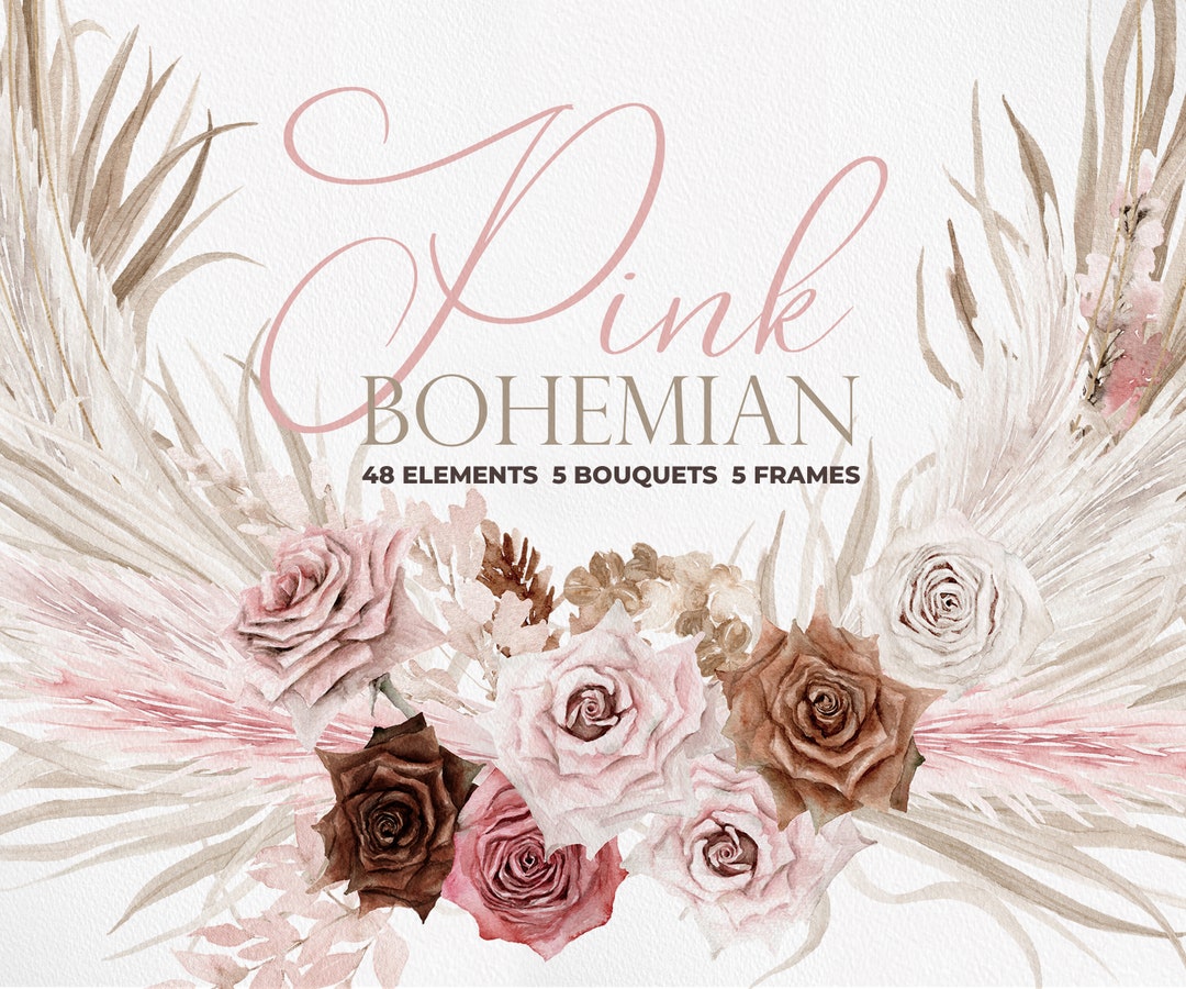 Boho Pink Flowers, Watercolor Flower, Boho Flower PNG, Bohemian Pink ...