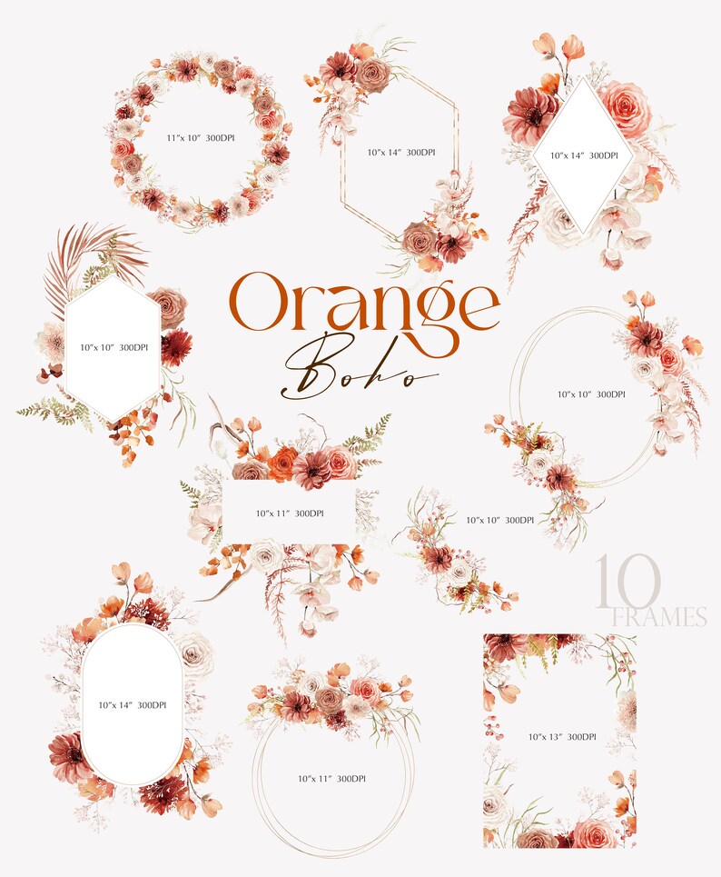Orange Boho Floral, Watercolor Boho Flower, Boho Flower PNG, Watercolor ...