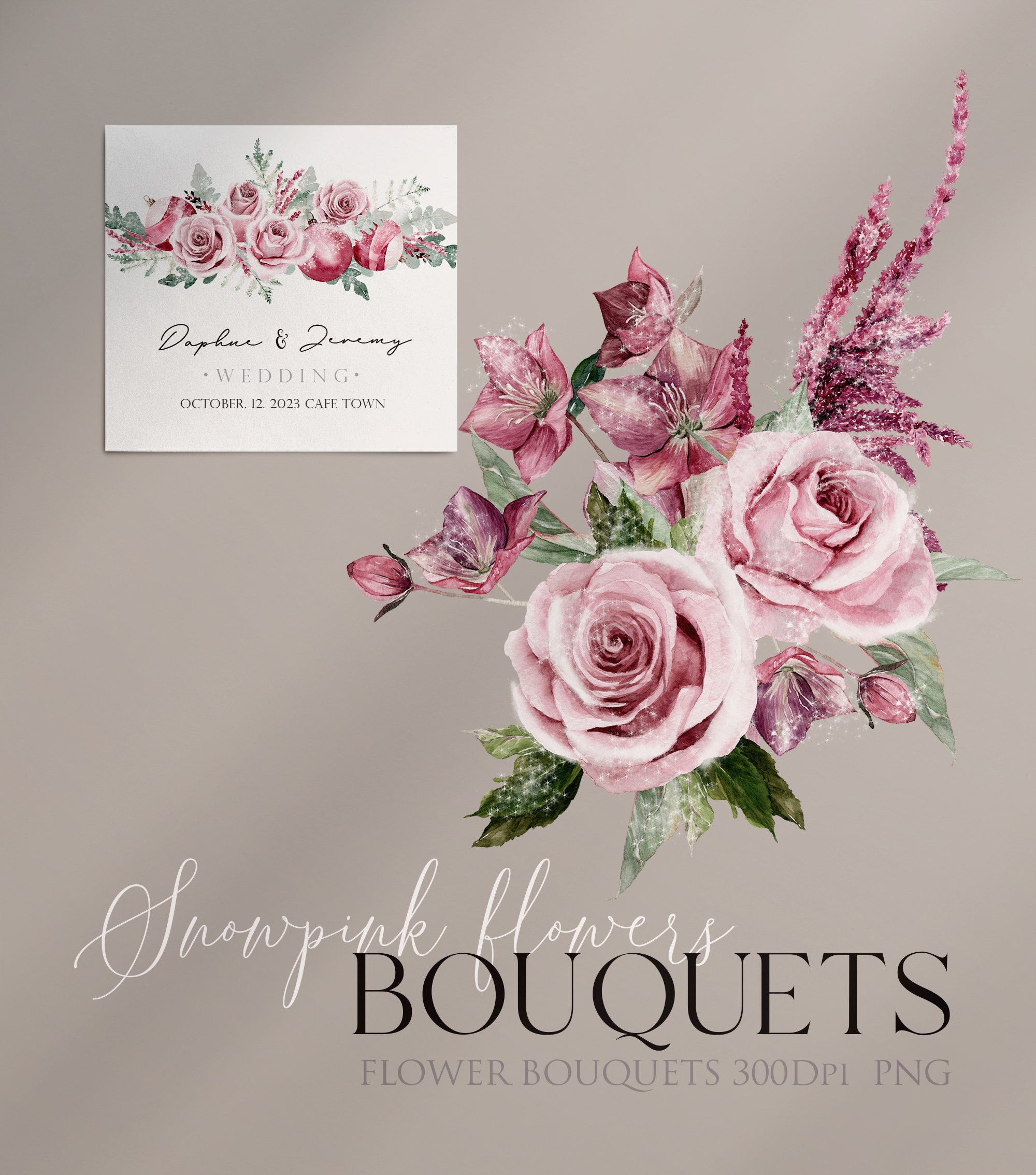 Snow Pink Flower, Winter Flower, Watercolor Flower, Rose Bouquets, Rose ...
