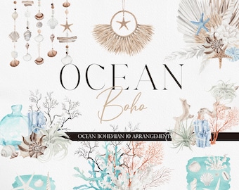 OCEAN Boho, Summer Clipart, Ocean Clipart, Coral Clipart, Watercolor ...