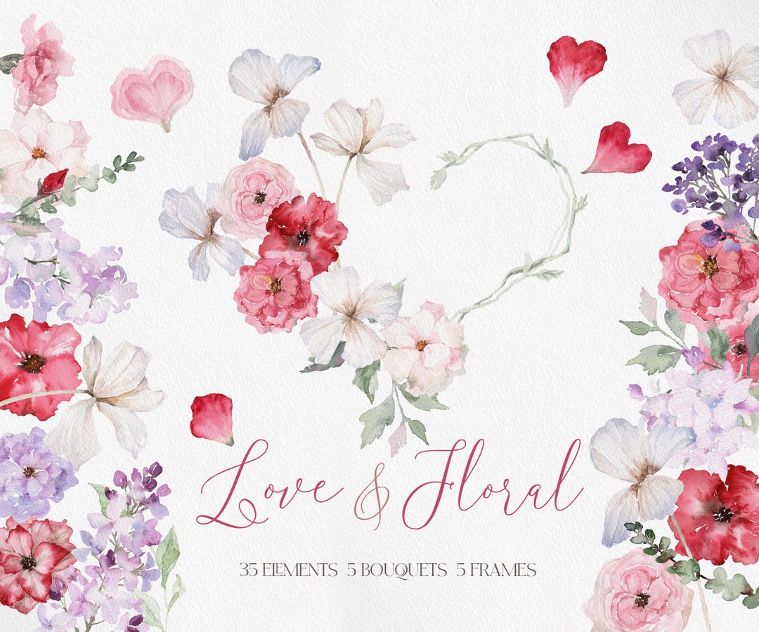 LOVE & FLORAL, Watercolor Flowers, Watercolor LOVE Flowers, Valentine ...