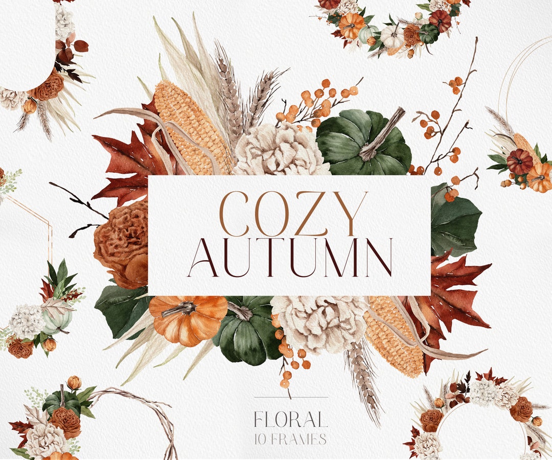 COZY AUTUMN, Watercolor Clipart, Watercolor Autumn, Watercolor Boho PNG ...