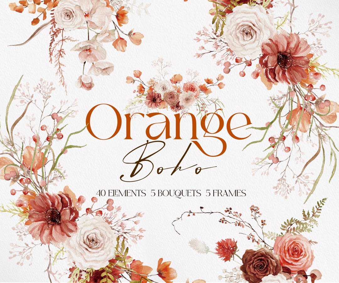 Orange Boho Floral, Watercolor Boho Flower, Boho Flower PNG, Watercolor ...