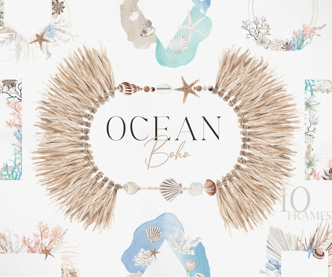 OCEAN Boho, Summer Clipart, Ocean Clipart, Coral Clipart, Watercolor ...