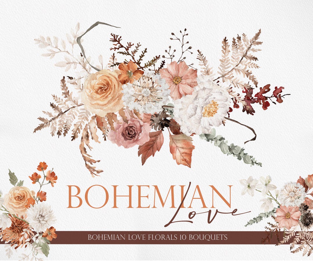 Bohemian Love, Watercolor Flower PNG, BOHO Flower Clipart, Boho ...