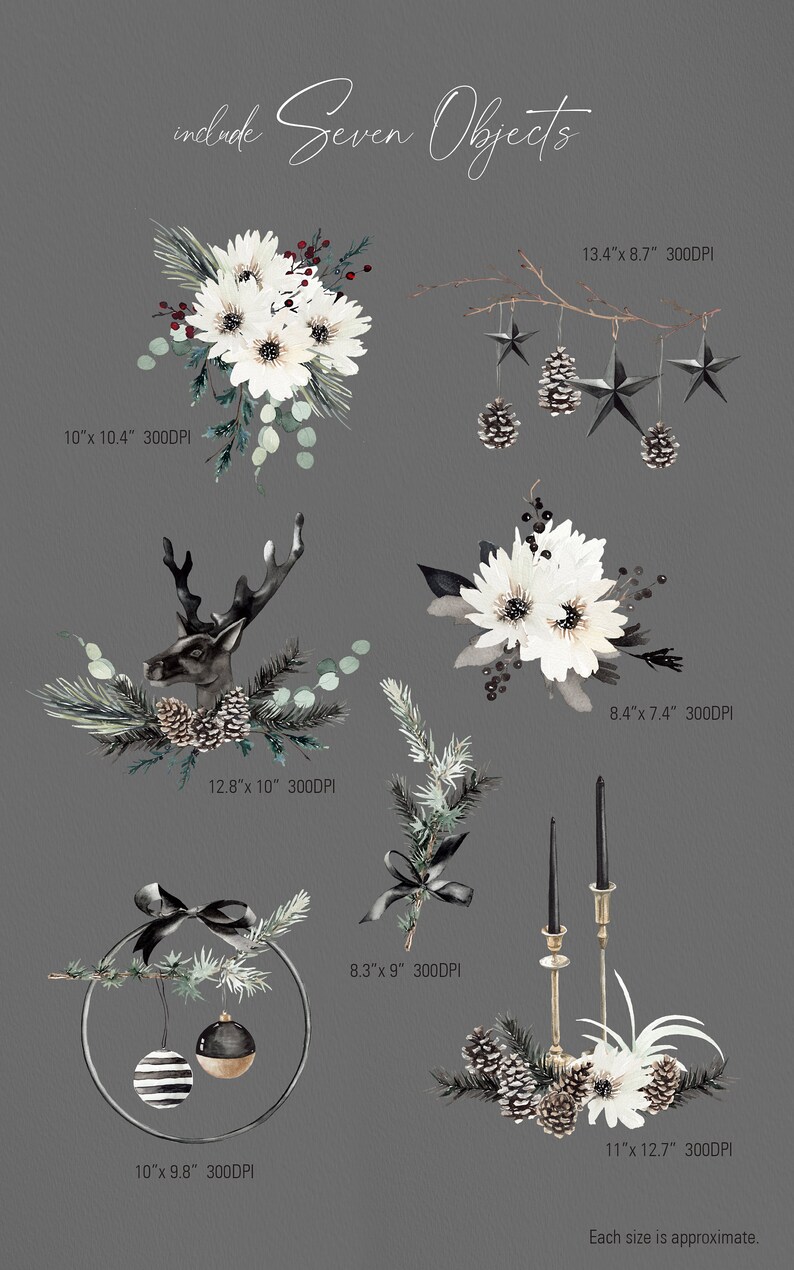 Black Christmas Clipart, Modern Christmas, Black Ornaments, Pinecorn ...