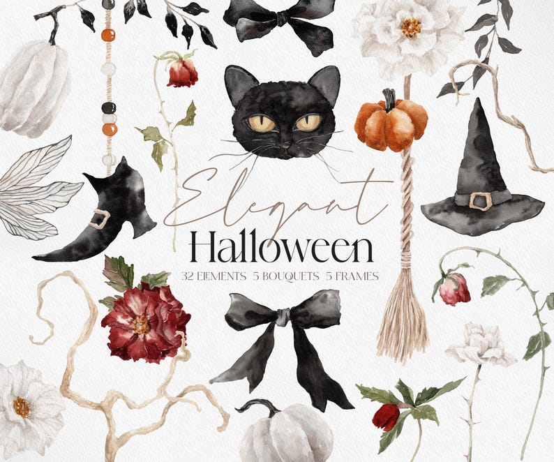 ELEGANT HALLOWEEN, Watercolor Halloween Clipart, Halloween Clipart ...