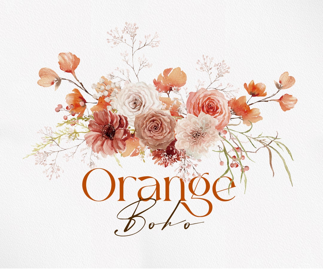 Orange Boho Floral, Watercolor Boho Flower, Boho Flower PNG, Watercolor ...
