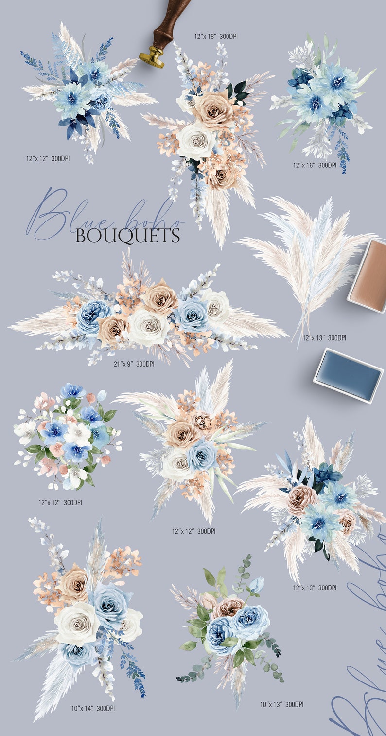Watercolor Flower Boho Flower Boho Blue Clipart Dusty Blue - Etsy