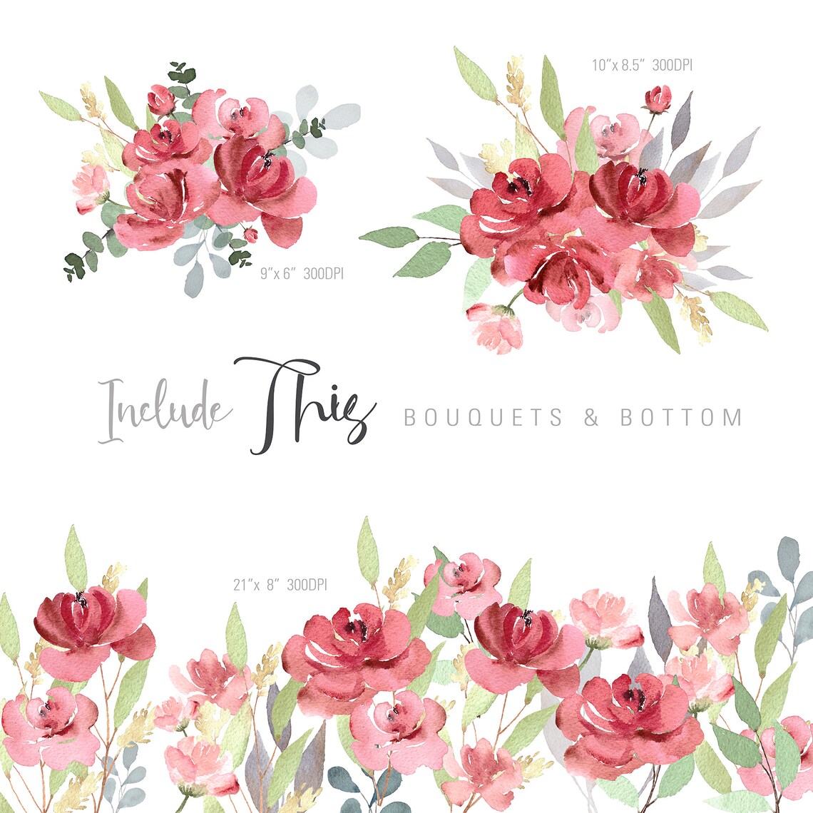 Watercolor Clipart Roses Bouquet Floral arrangements Pink | Etsy