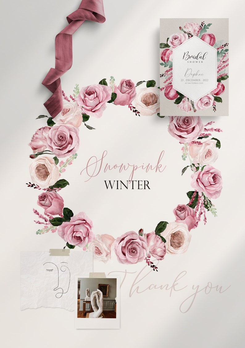 Snow Pink Flower, Winter Flower, Watercolor Flower, Wedding Invitation ...