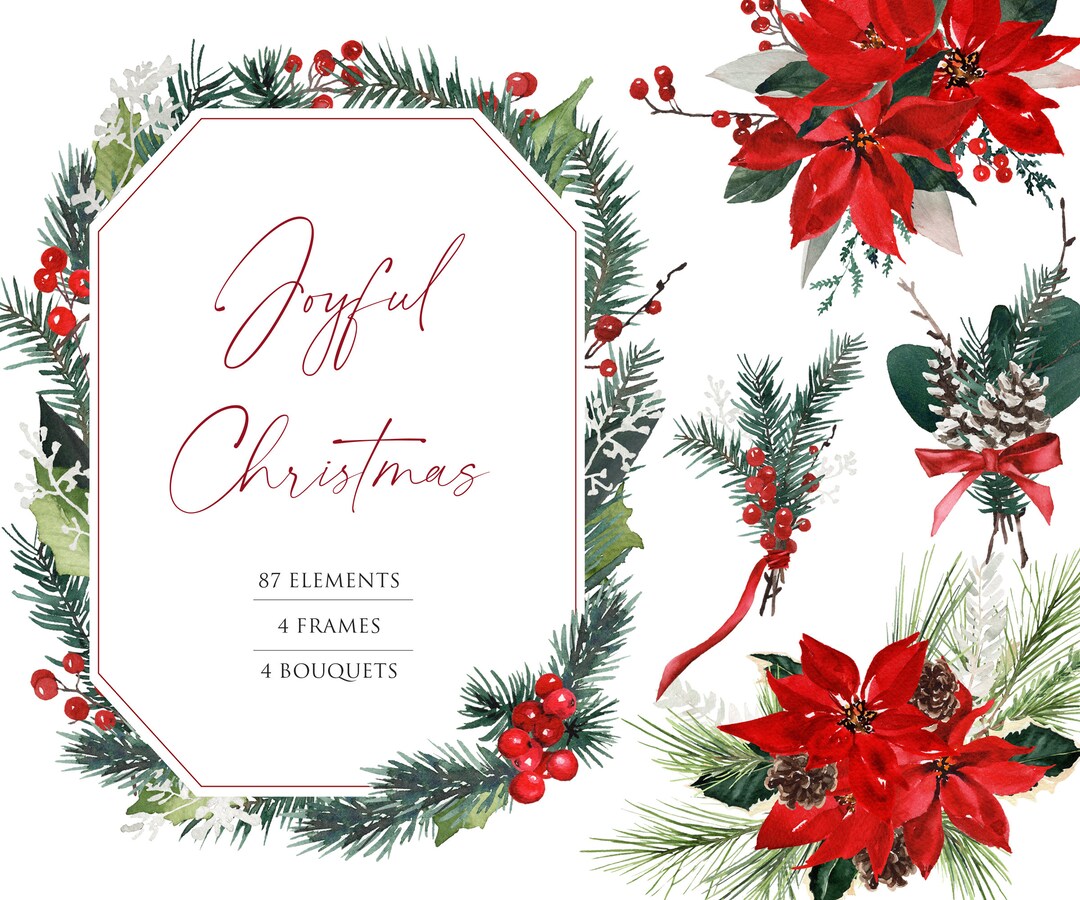 Christmas Wreath Clipart, Watercolor Flower PNG, Watercolor Winter ...