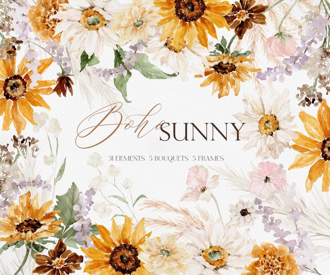 BOHO SUNNY, Watercolor Sunflower Clipart, Watercolor Boho Flower, Boho ...