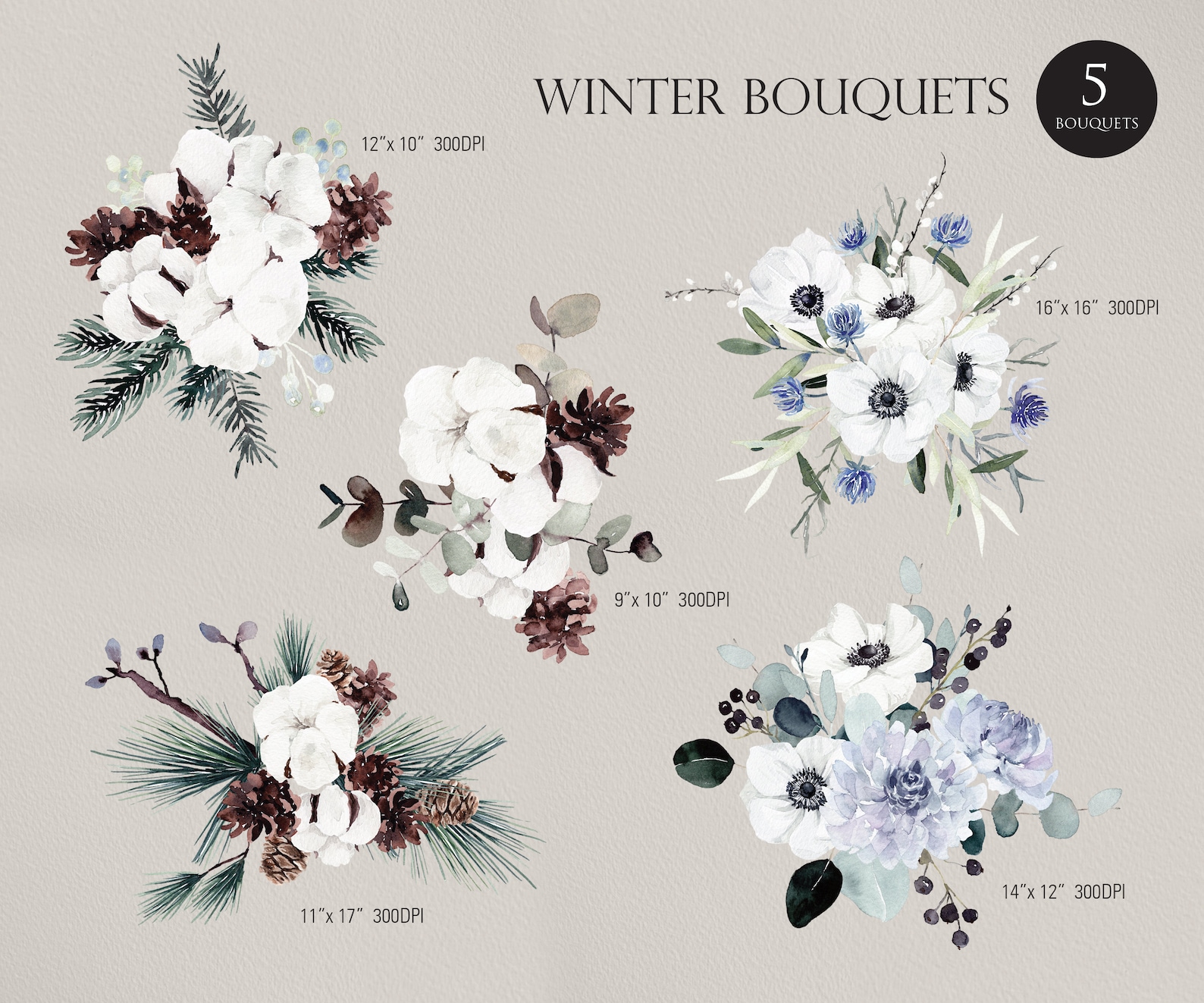 Winter Florals Watercolor Clipart Floral Bouquets Winter - Etsy