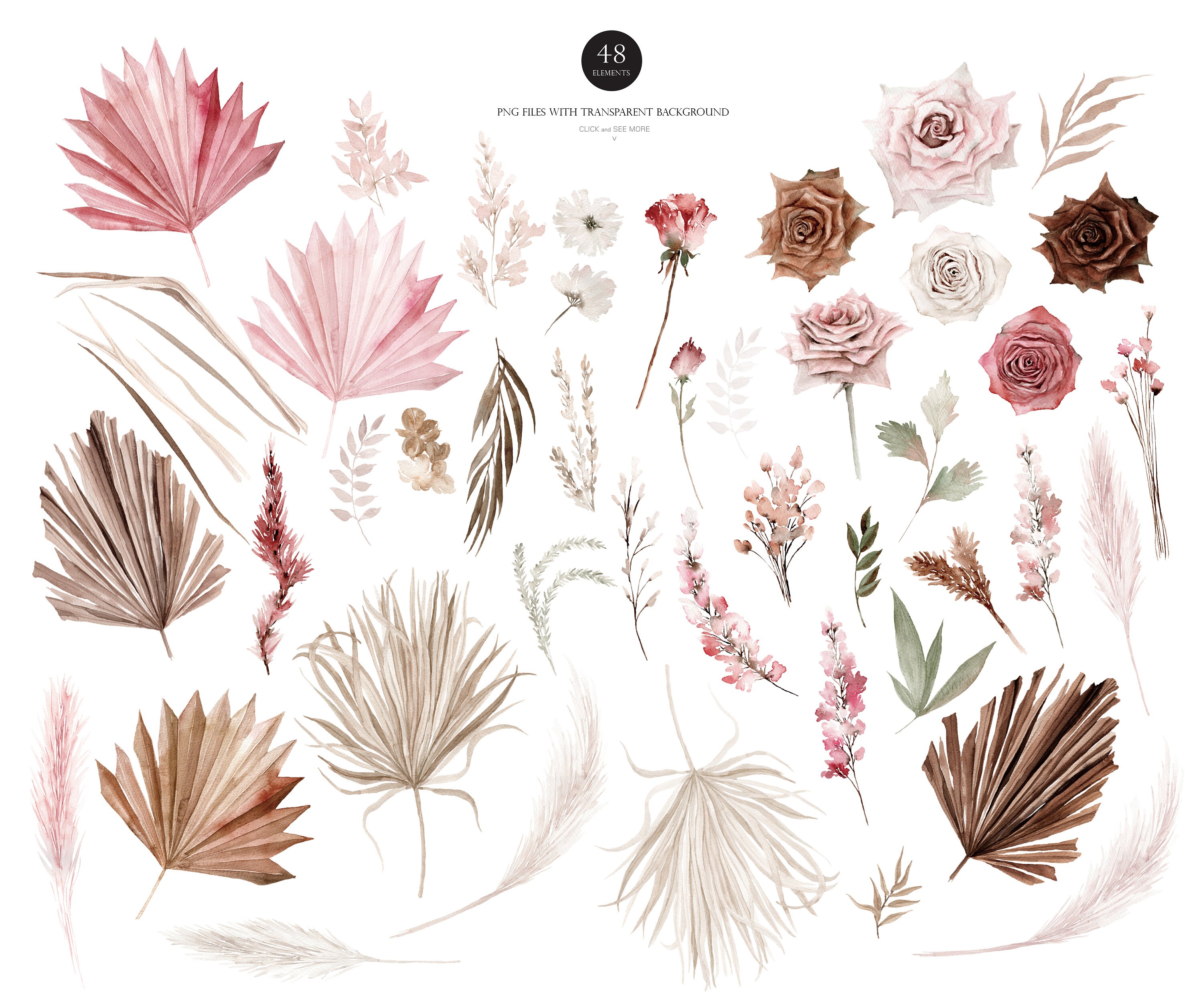 Boho Pink Flowers, Watercolor Flower, Boho Flower PNG, Bohemian Pink ...
