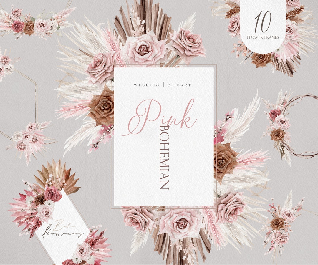 Boho Pink Flowers, Watercolor Flower, Boho Flower PNG, Bohemian Pink ...