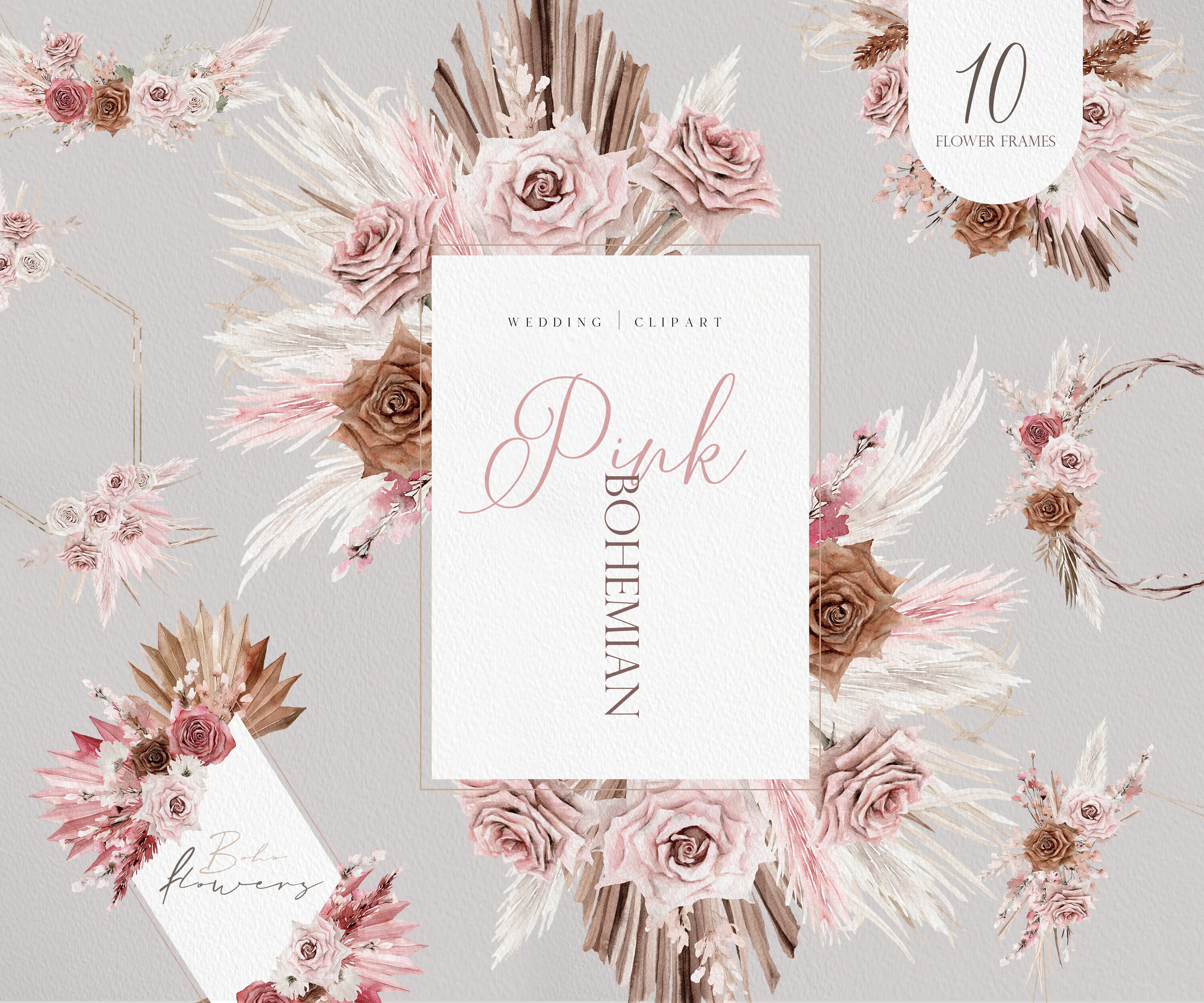 Boho Pink Flowers, Watercolor Flower, Boho Flower PNG, Bohemian Pink ...