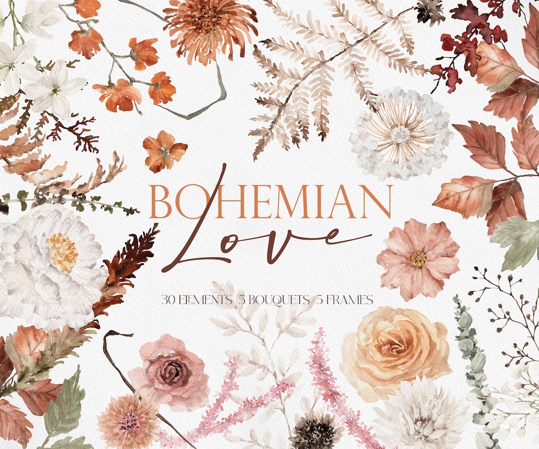Bohemian Love, Watercolor Flower PNG, BOHO Flower Clipart, Boho ...