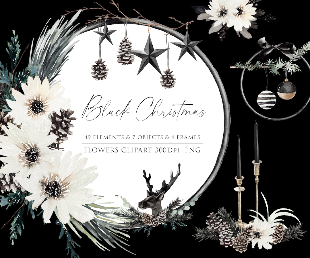 Black Christmas Clipart, Modern Christmas, Black Ornaments, Pinecorn ...