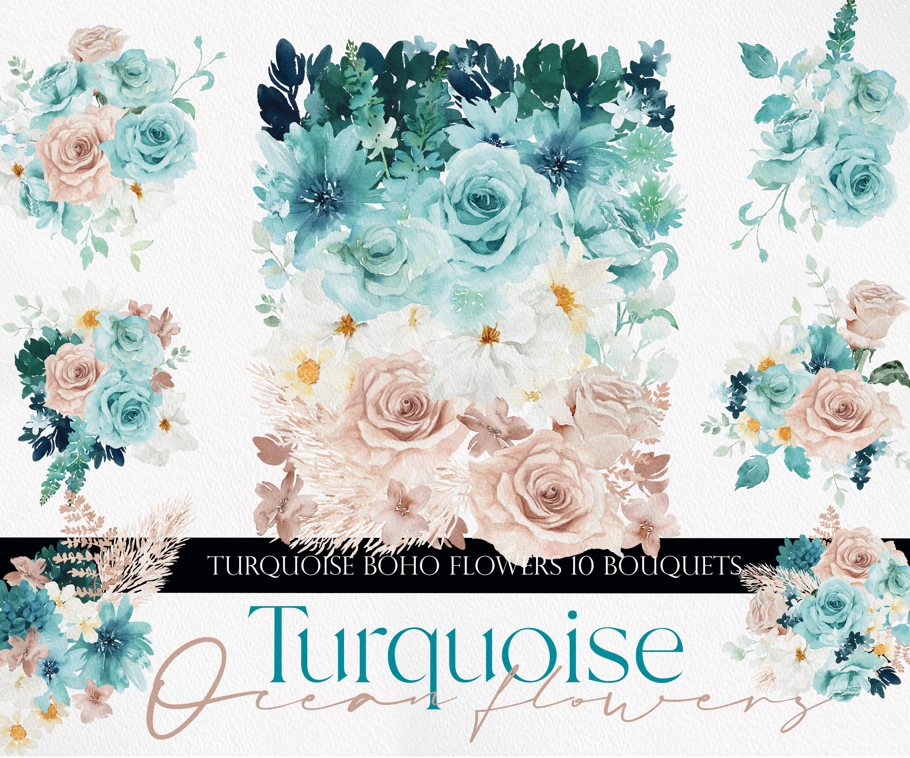 Ocean Turquoise Flower Watercolor Flowers Teal Flower Blue - Etsy