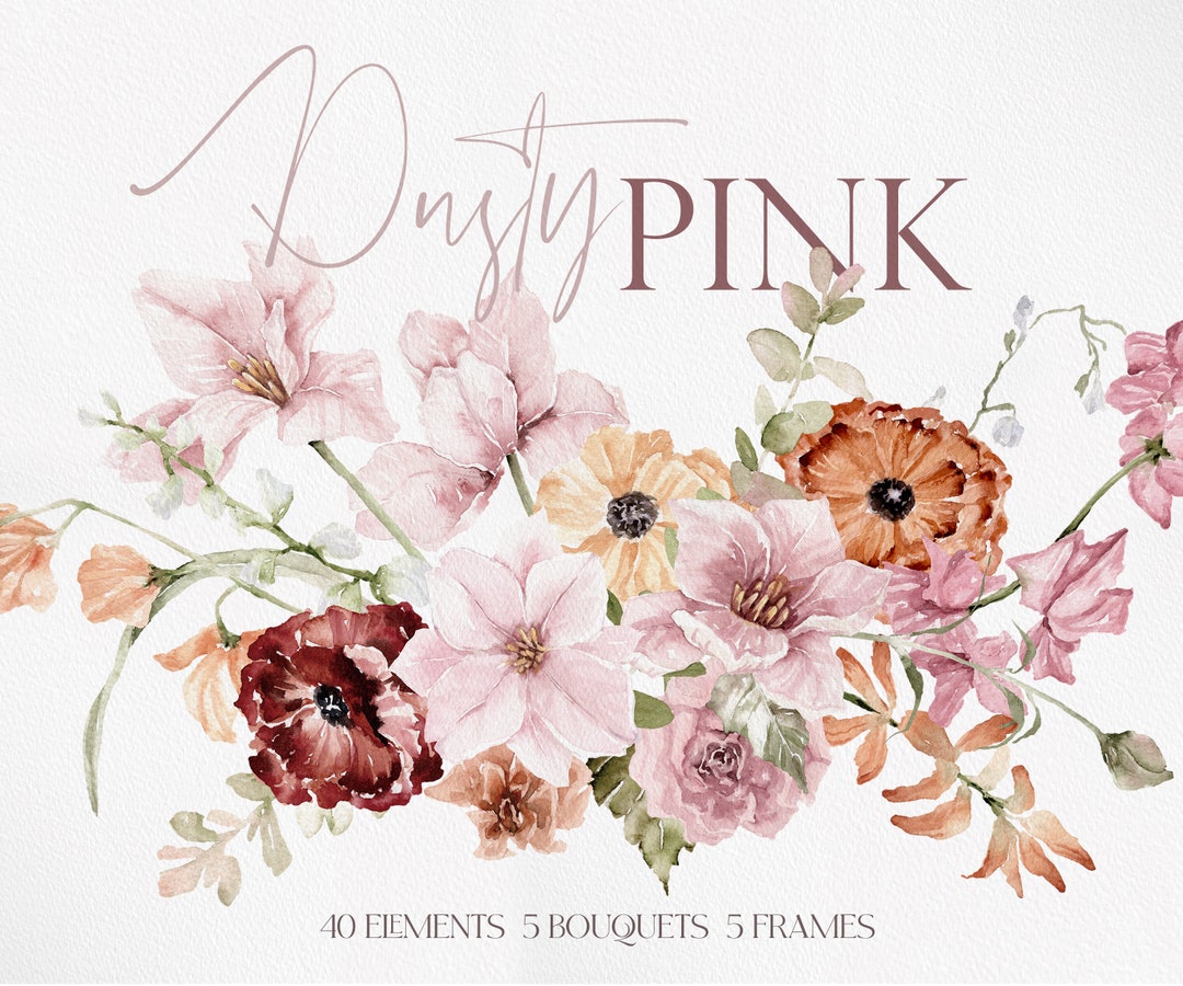Dusty Pink Florals, Watercolor Flowers, Watercolor Clipart, Watercolor ...