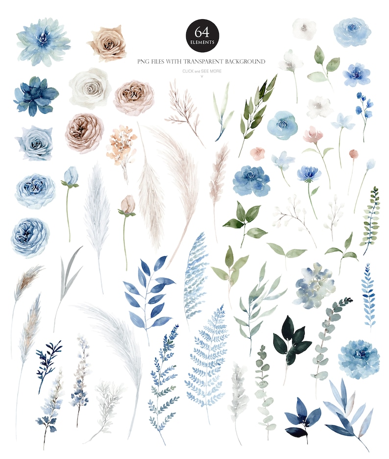 Watercolor Flower, Boho Flower, Boho Blue Clipart, Dusty Blue Flower ...