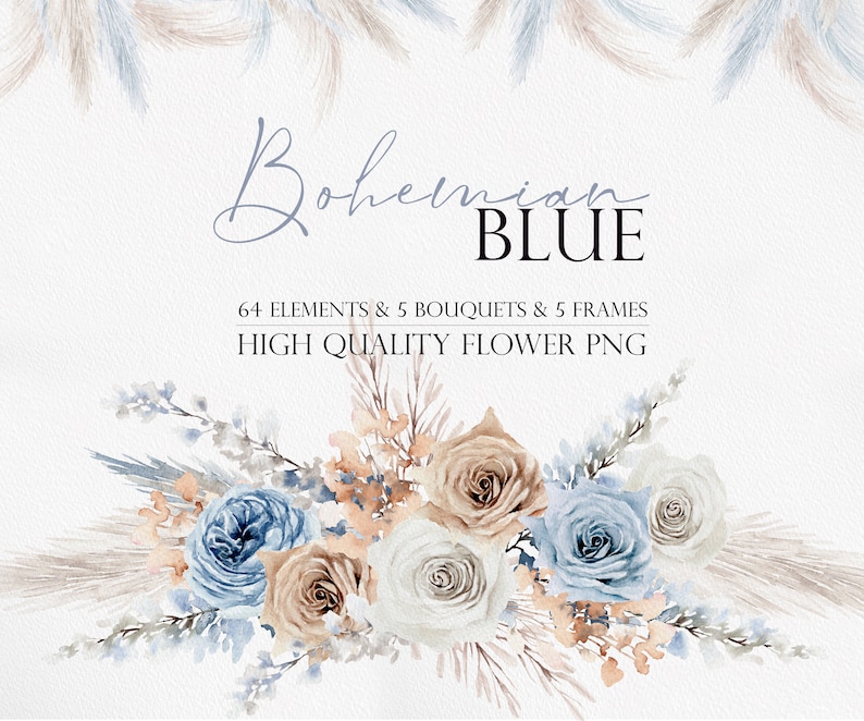 Watercolor Flower Boho Flower Boho Blue Clipart Dusty Blue - Etsy