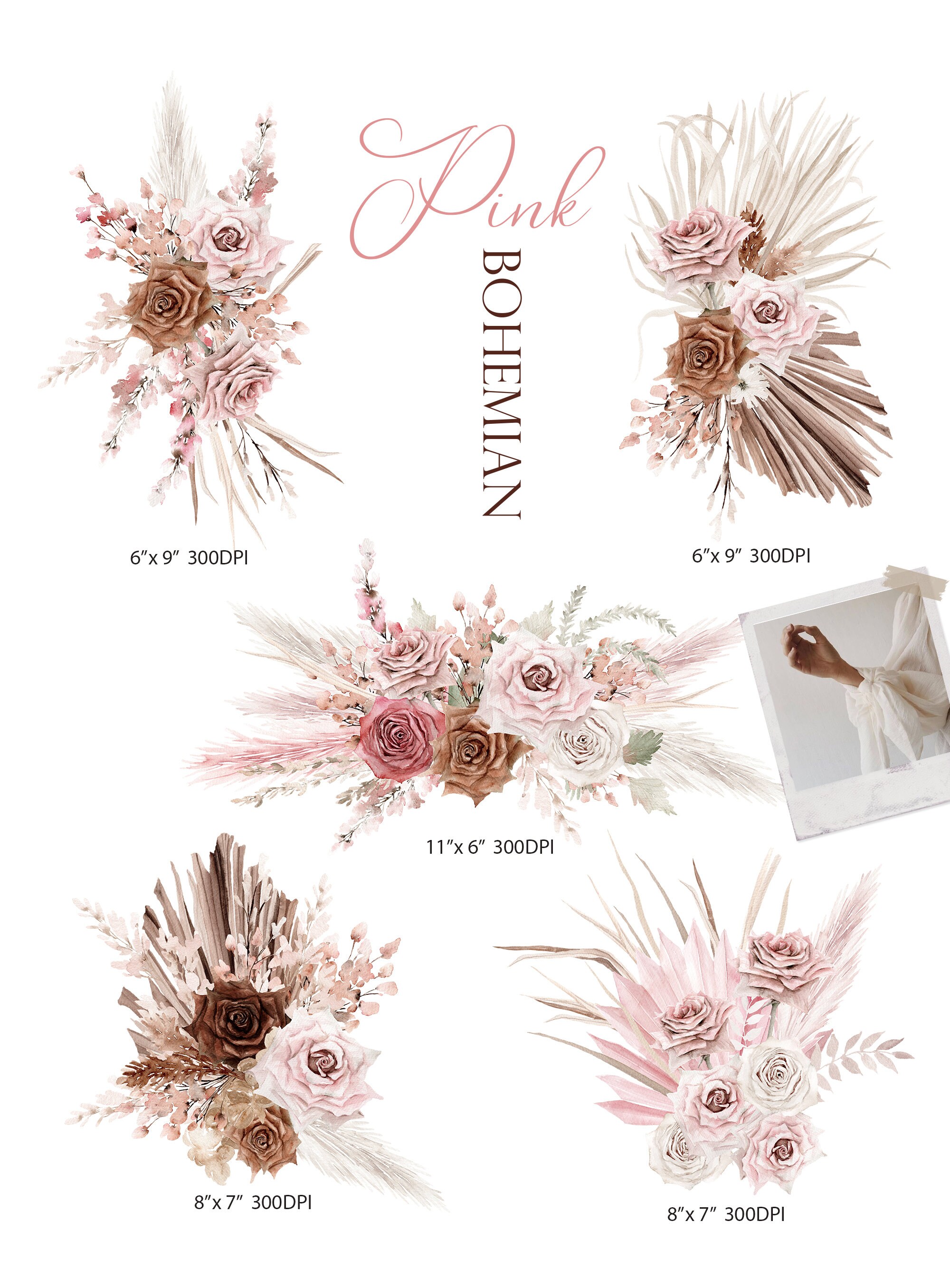 Boho Pink Flowers, Watercolor Flower, Boho Flower PNG, Bohemian Pink ...