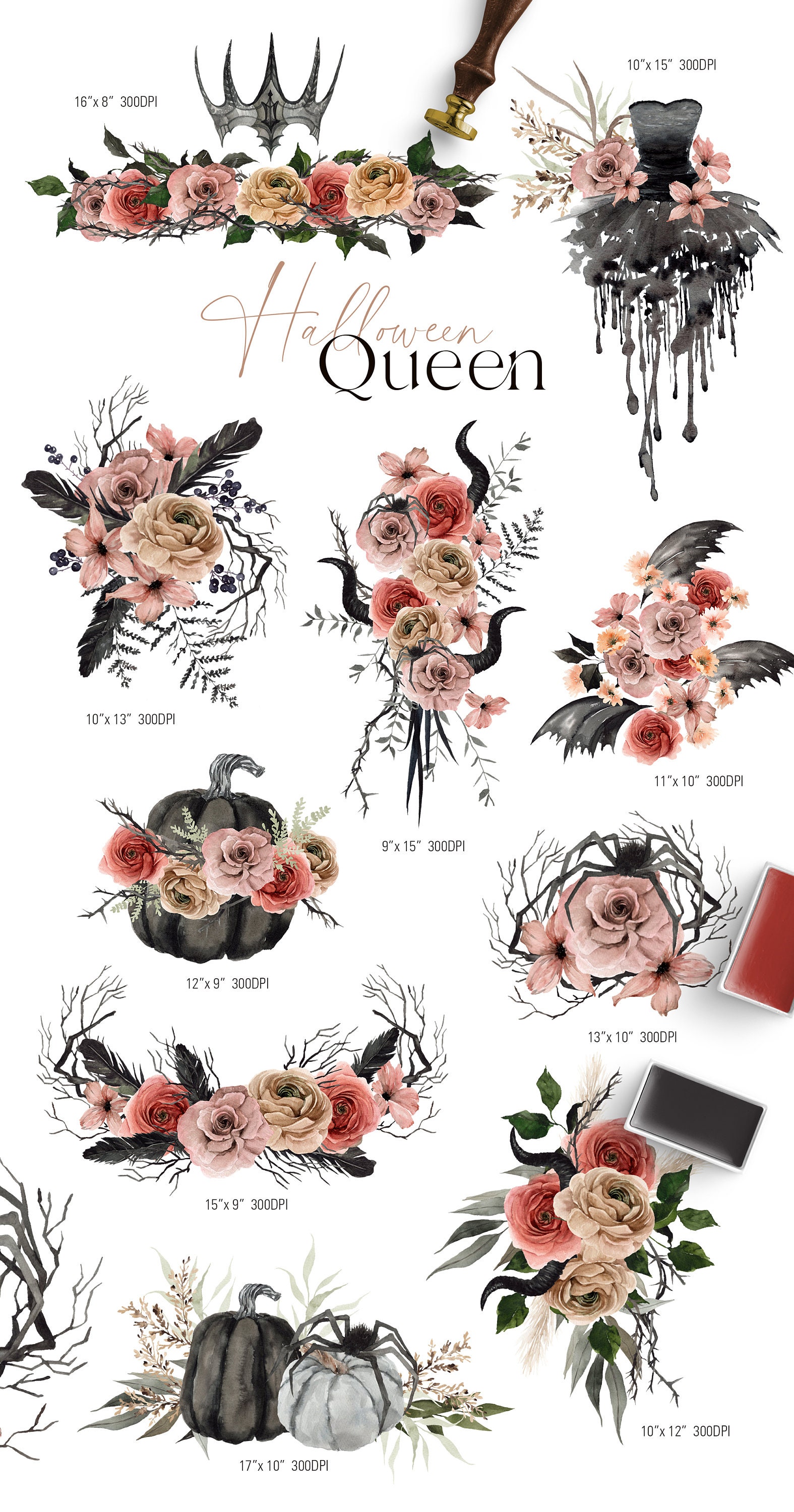 Halloween Queen, Watercolor Flowers, Halloween Clipart, Halloween ...