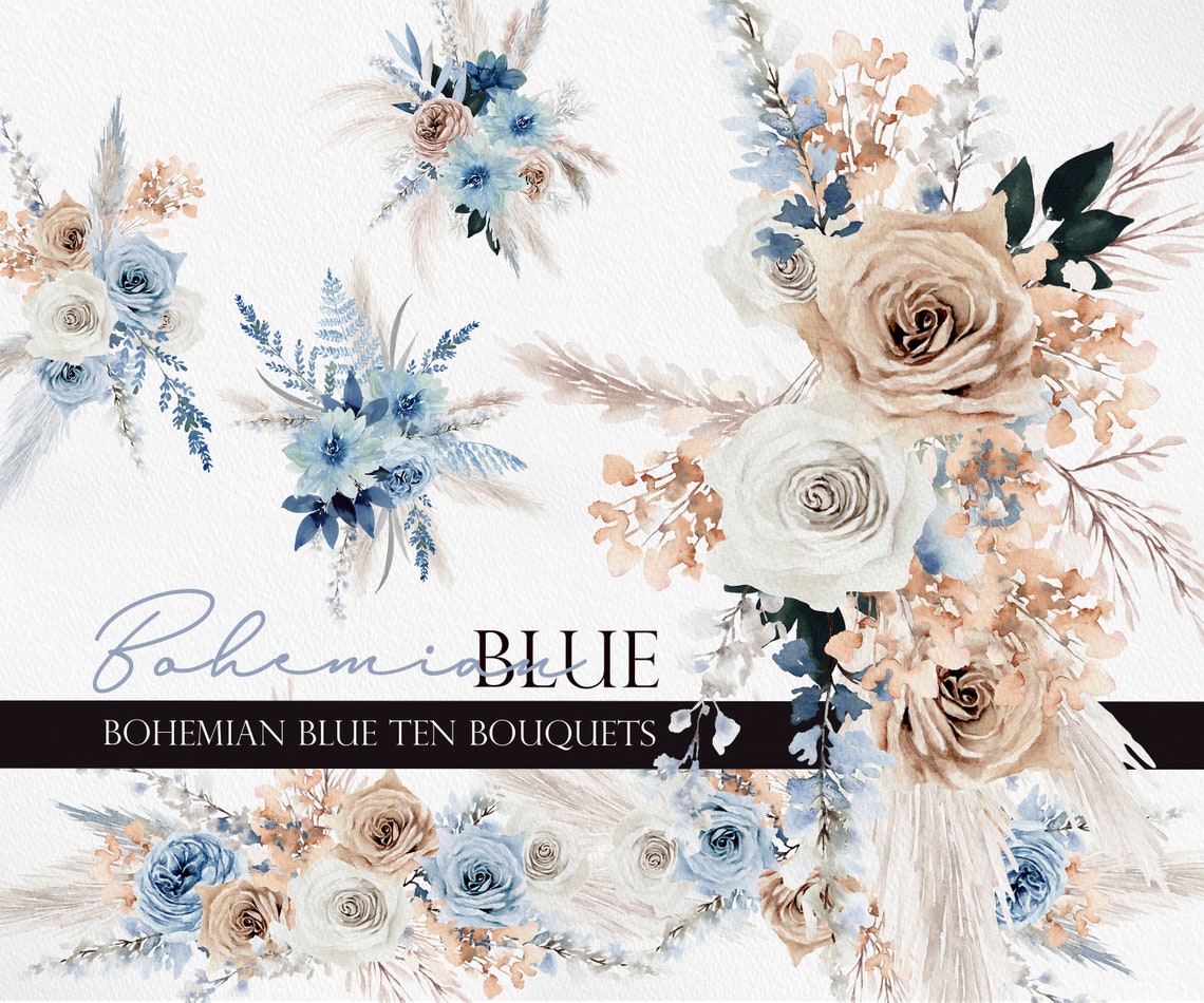 Watercolor flower Boho flower Boho Blue clipart Dusty blue | Etsy