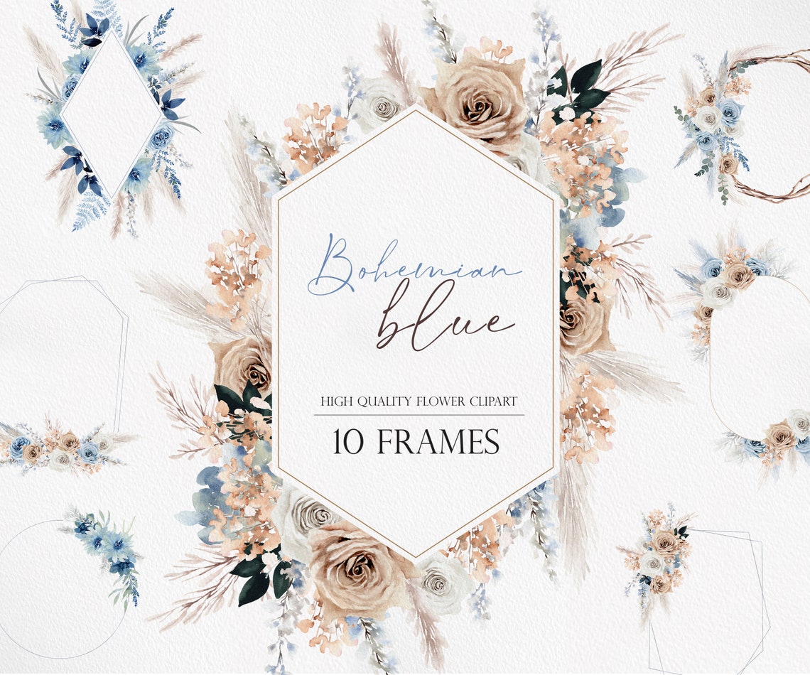 Watercolor Flower, Boho Flower, Boho Blue Clipart, Dusty Blue Flower ...