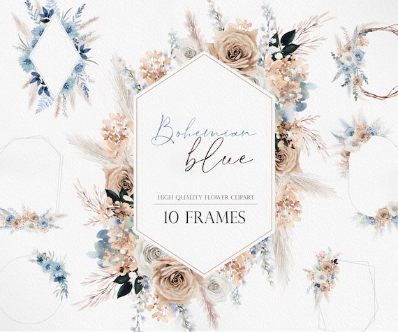 Watercolor Flower Boho Flower Boho Blue Clipart Dusty Blue - Etsy