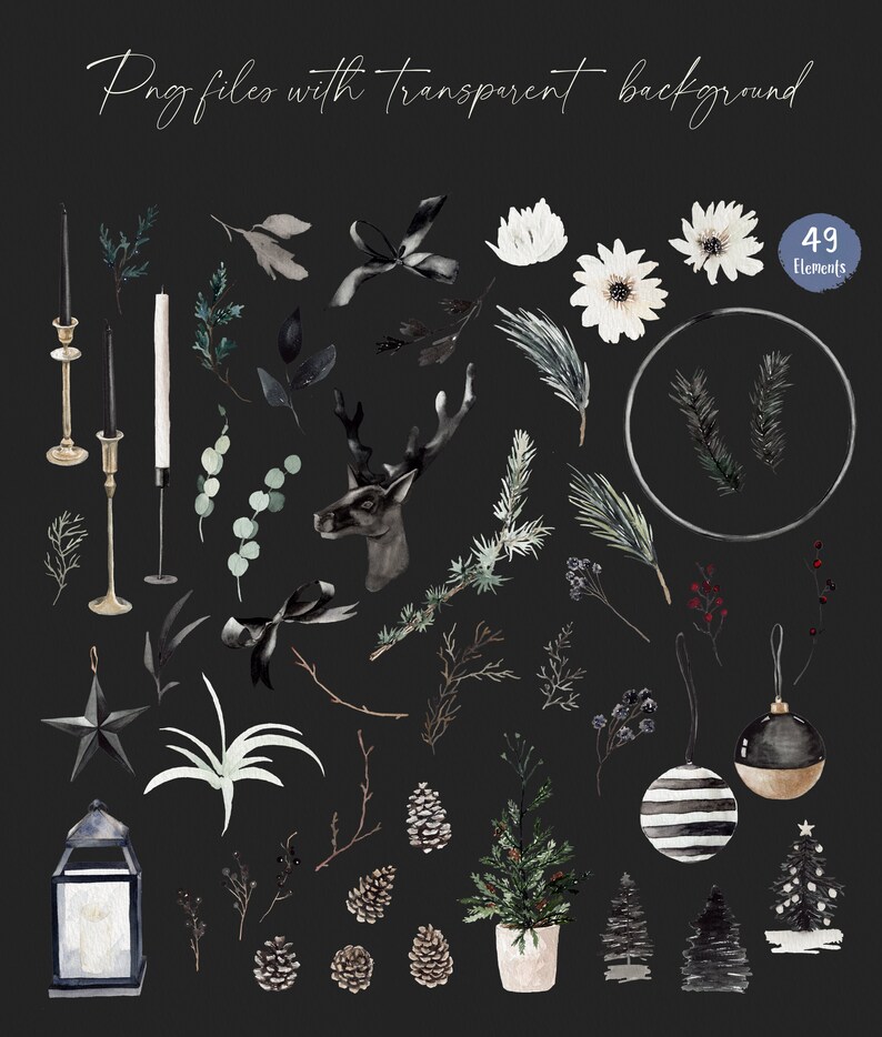 Black Christmas Clipart, Modern Christmas, Black Ornaments, Pinecorn ...